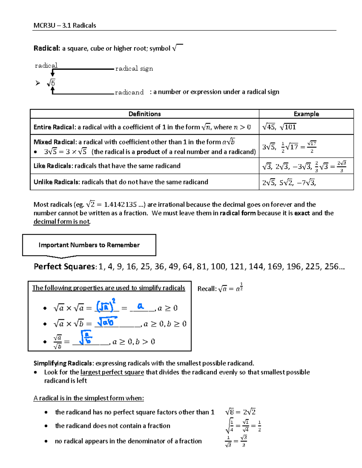 3.1 Radicals - Math work from calc - MCR3U – 3 Radicals Radical: a ...