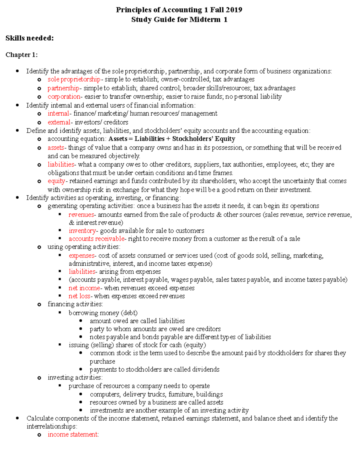 Accounting Study Guide Midterm 1 Fall 2019 - Principles of Accounting 1 ...