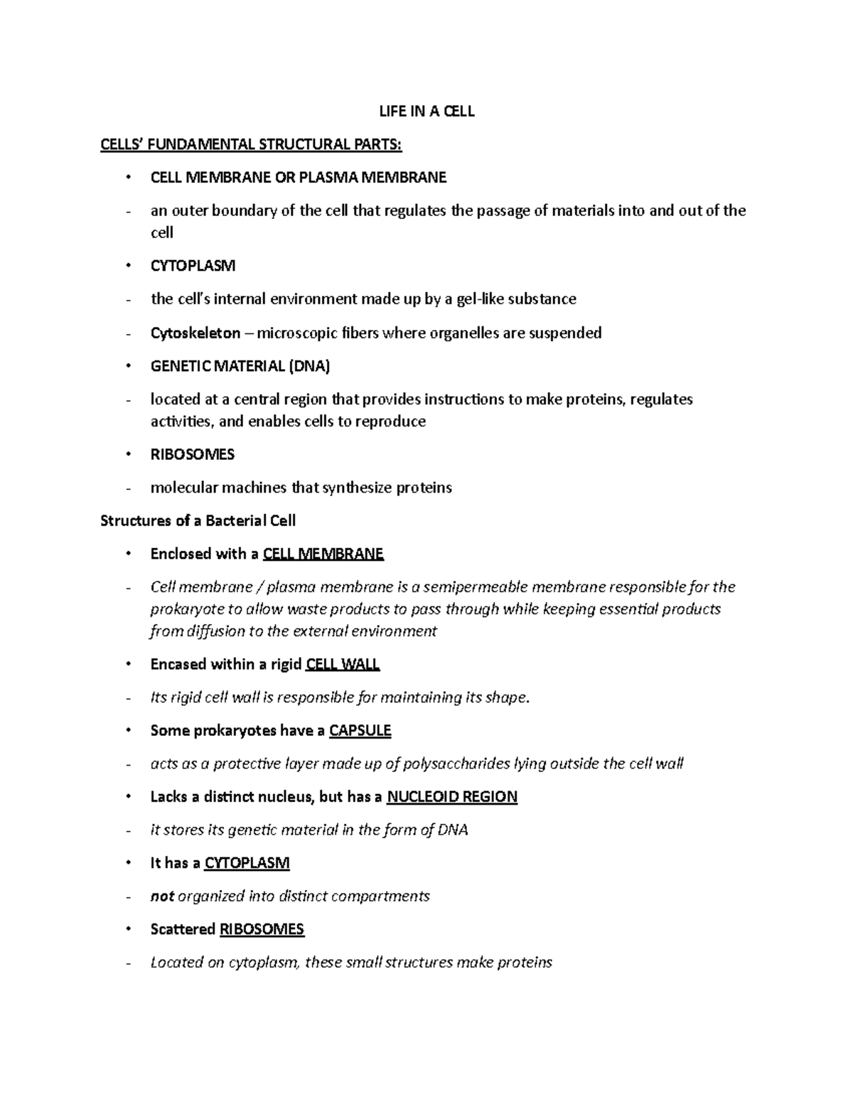 LIFE IN A CELL - Lecture notes 1 - LIFE IN A CELL CELLS’ FUNDAMENTAL ...
