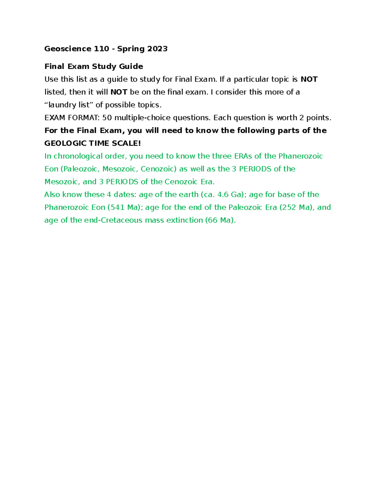Geosci Final Exam Study Guide - Geoscience 110 - Spring 2023 Final Exam ...