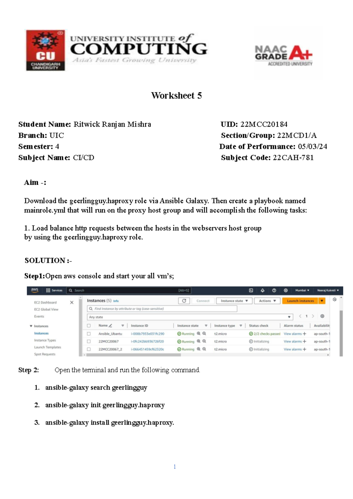 Ws5 - jkbuighuih - Worksheet 5 Student Name: Ritwick Ranjan Mishra UID ...