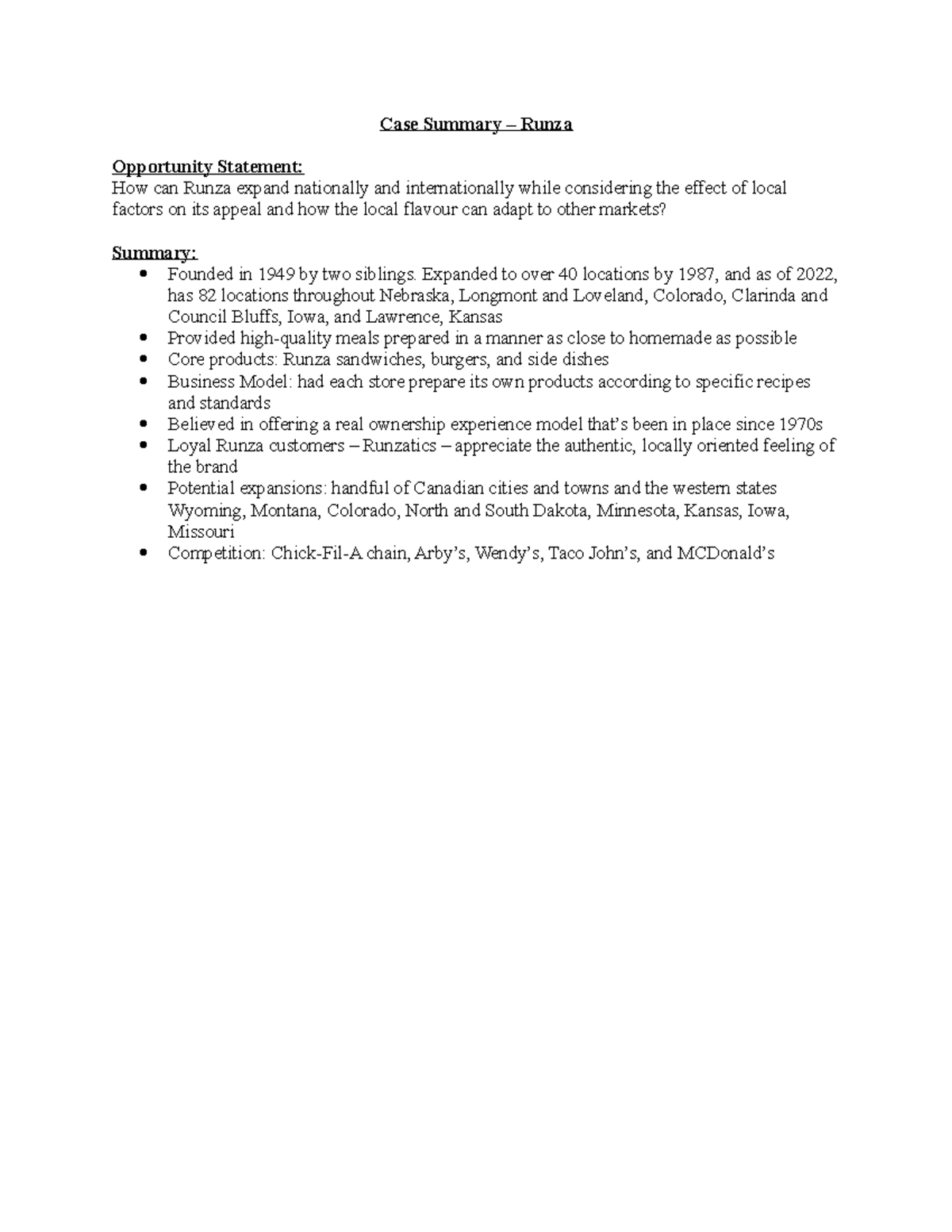 Case Summary - Runza - Case Summary – Runza Opportunity Statement: How ...