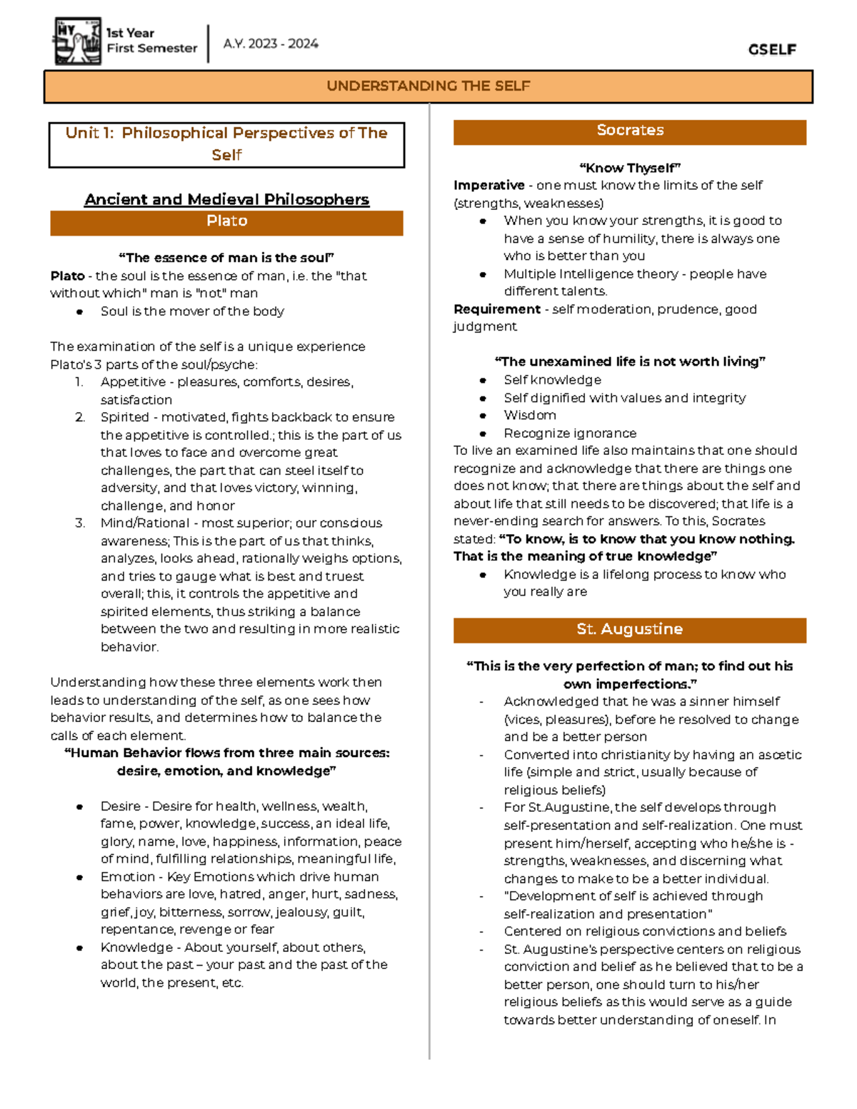 Gself: Notes - UNDERSTANDING THE SELF Unit 1: Philosophical ...