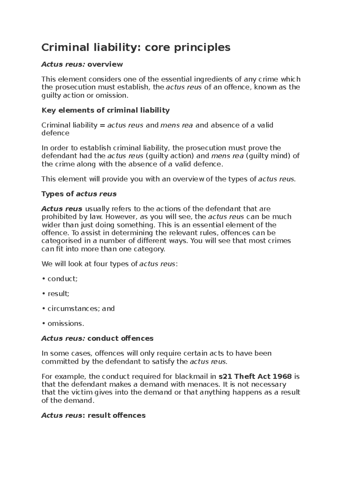 1. Criminal liability - Lecture notes 1 - Criminal liability: core ...