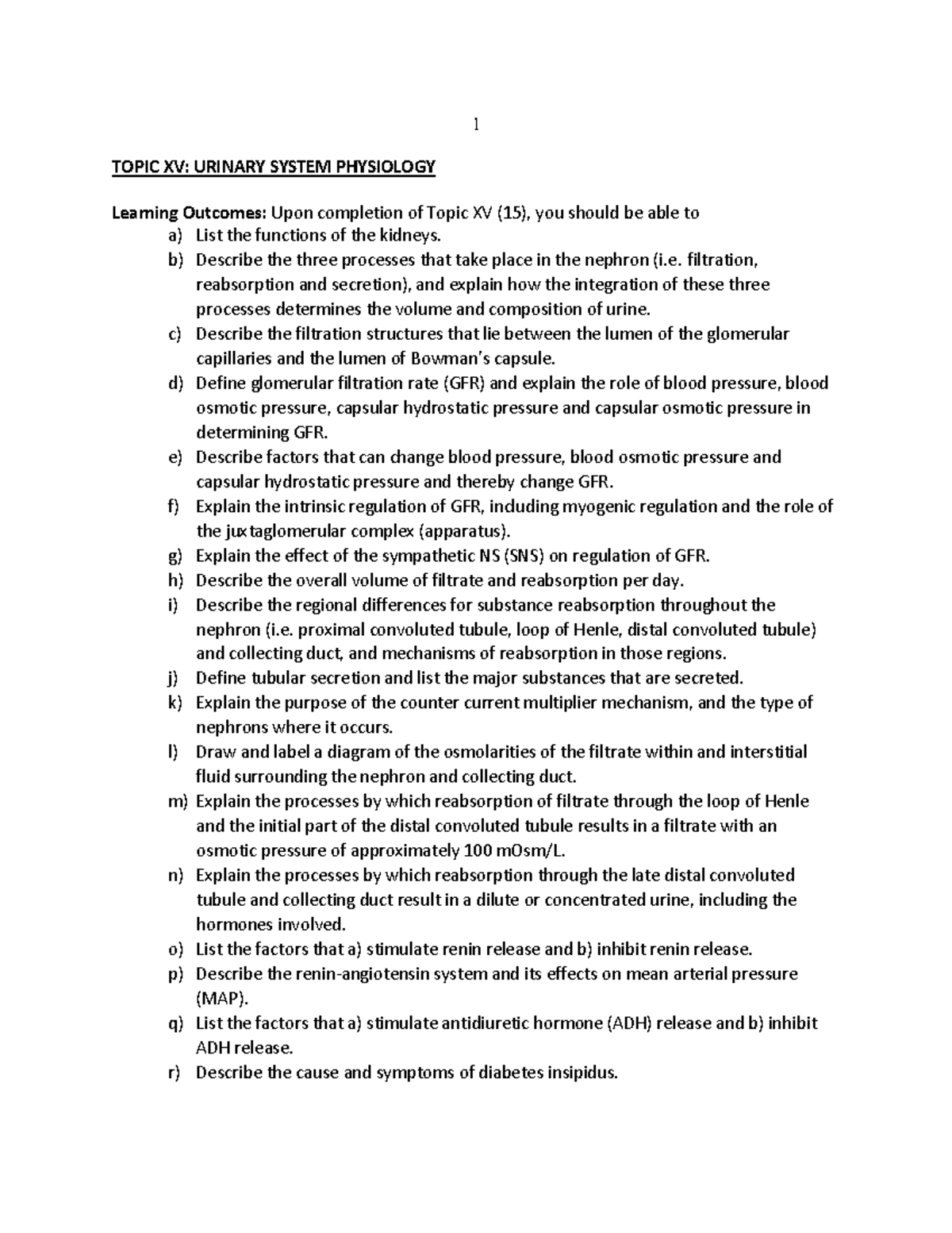 Topic XV Urinary System Physiology - TOPIC XV: URINARY SYSTEM ...