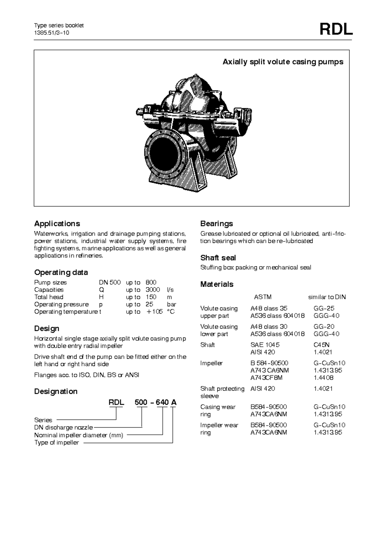 KSB RDL Literature - Type series booklet 1385/3-10 RDL Axially split volute casing pumps - Studocu
