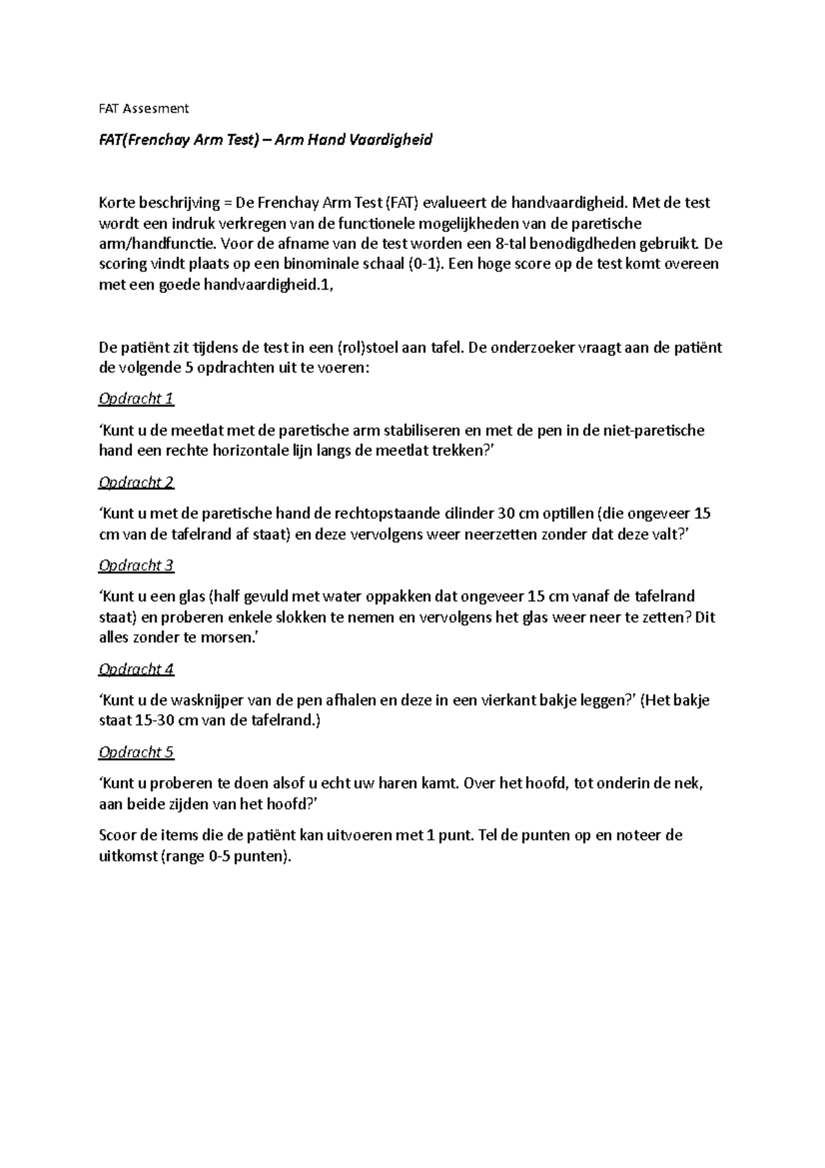 FAT Assesment, frenchay arm test arm en hand vaardigheden - FAT ...