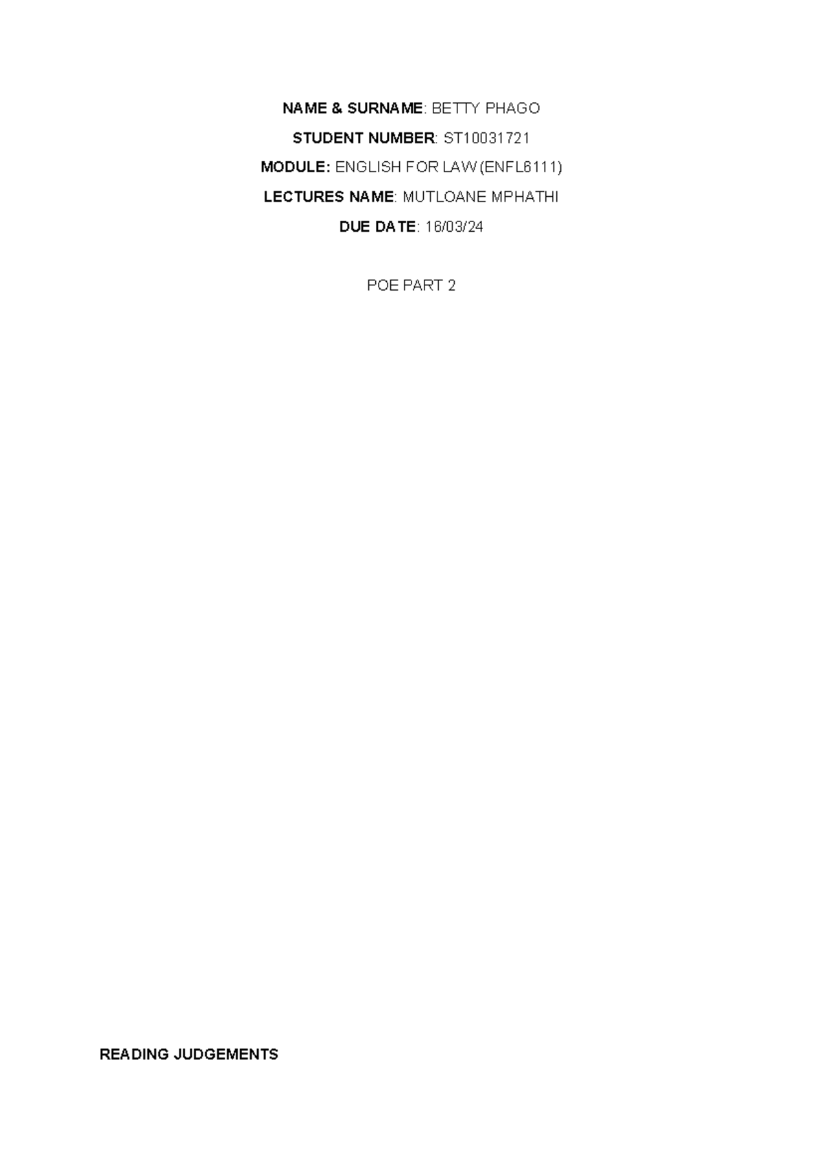 Englishforlaw PART 2 - poe - NAME & SURNAME: BETTY PHAGO STUDENT NUMBER ...