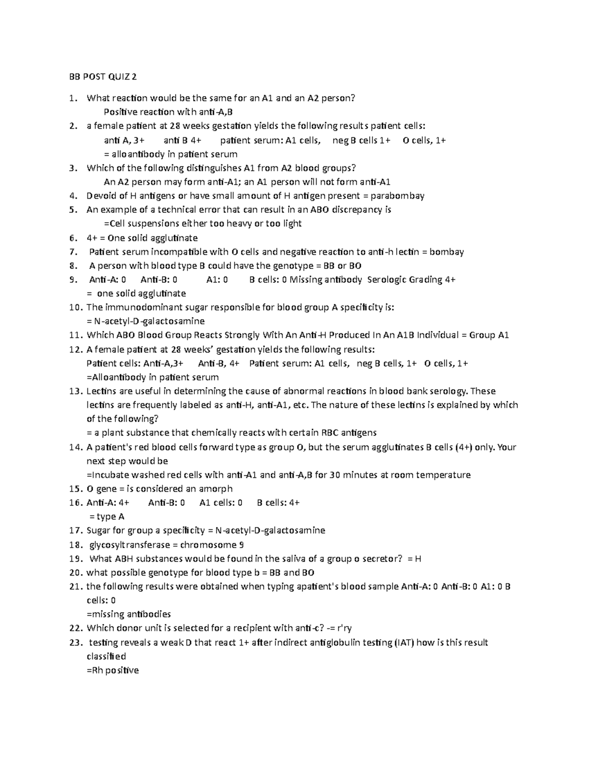 Blood Banking POST QUIZ 1 prelims 2020 - BB POST QUIZ 2 What reaction ...