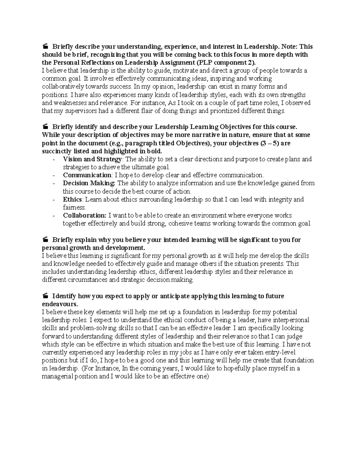 PLP Component 1- Written narrative - Briefly describe your ...