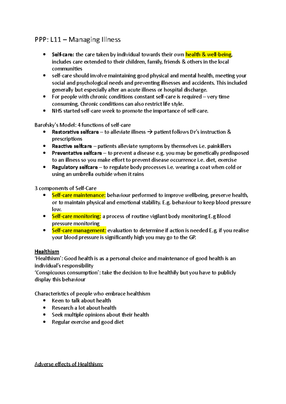 PPP L12 - Lecture notes 12 - PPP: L11 – Managing Illness Self-care: the ...