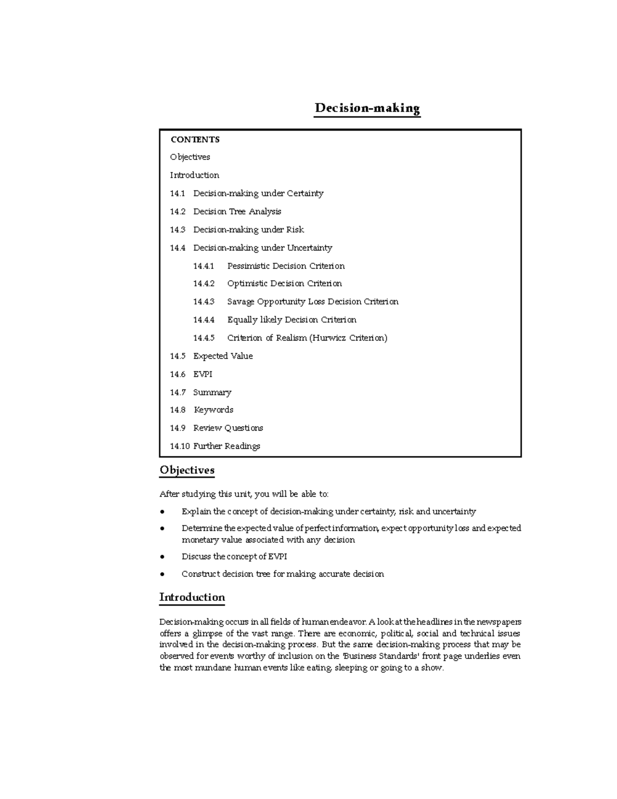 Note about Decision making - Operations Research Notes Unit 14 ...