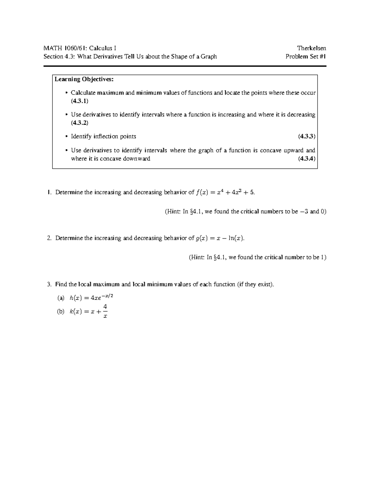 4-3 Problem Set 1 - Activity - MATH 1060/61: Calculus I Therkelsen ...