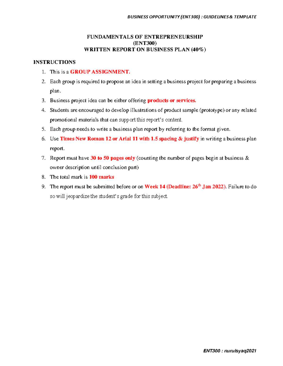 ENT300 Business PLAN Guidelines & Template NSZ okt2021 - BUSINESS ...