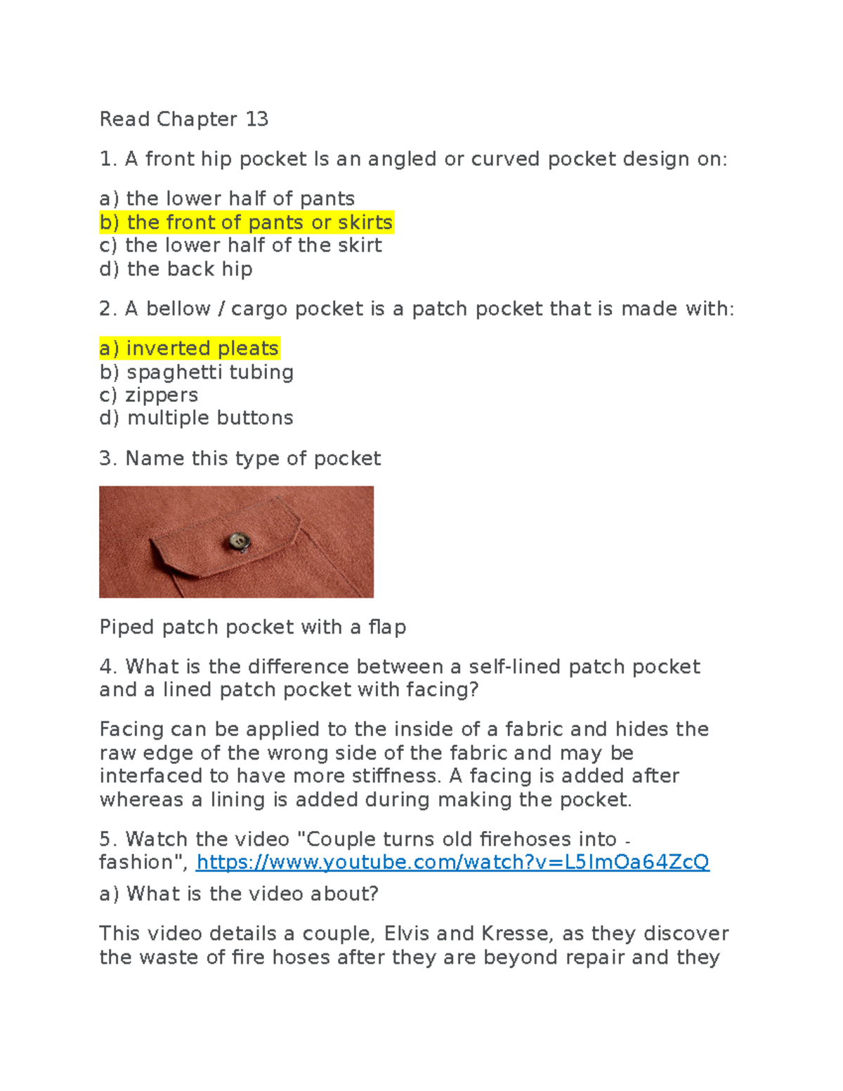 Assignment 3 Sewing - Read Chapter 13 A front hip pocket Is an angled ...