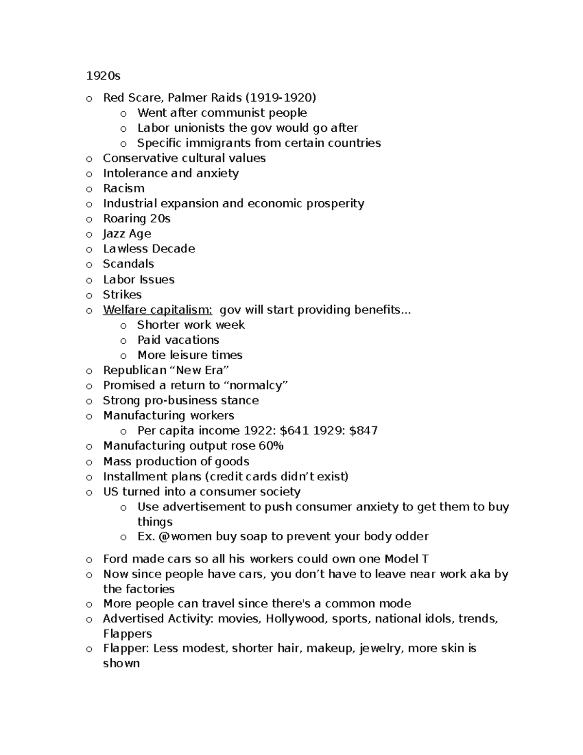 1920s Notes - Prof. Ceric - 1920s o Red Scare, Palmer Raids (1919-1920 ...