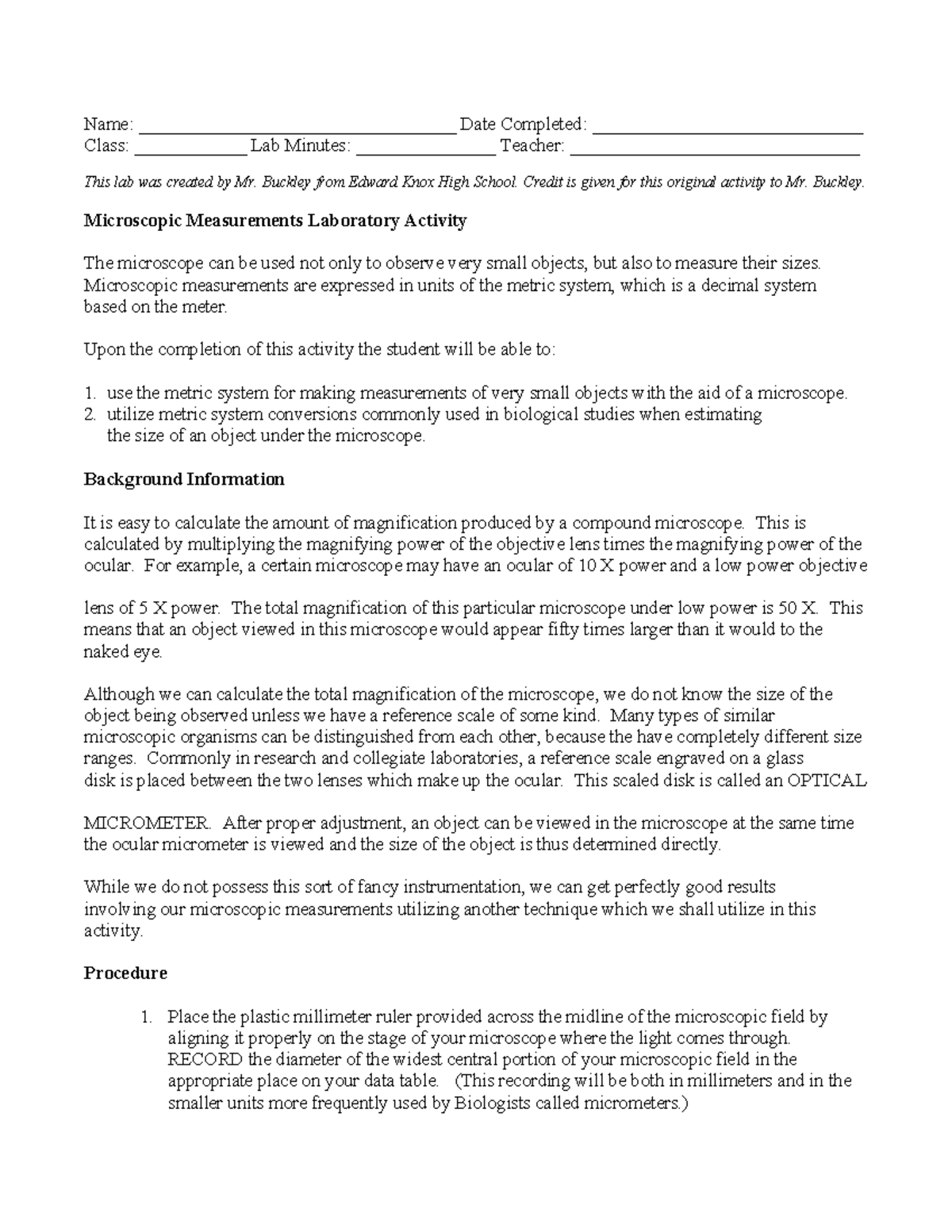 Microscopic Measurement - Name: __________________________________ Date Completed: - Studocu