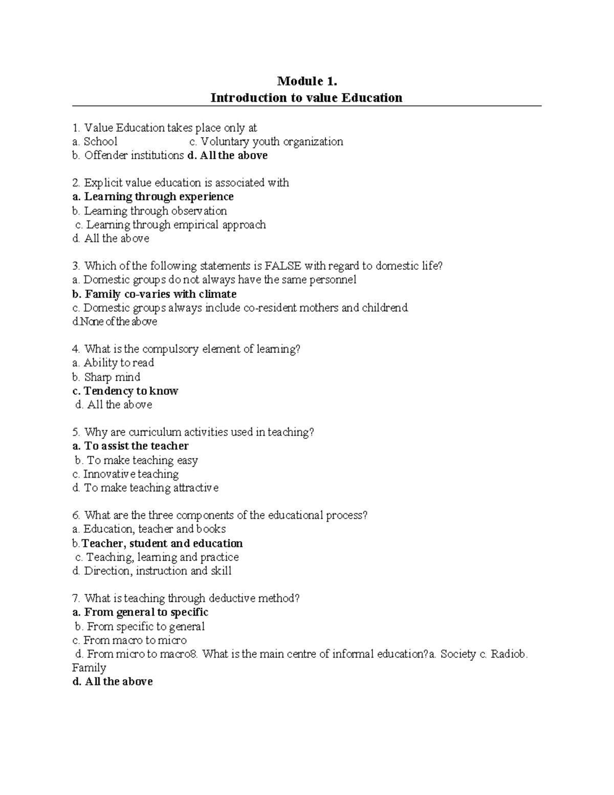 MCQ-Module 1-Introduction to value Education - Module 1. Introduction ...