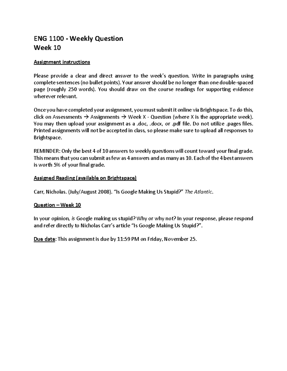 ENG 1100 - Week 10 question - ENG 1100 - Weekly Question Week 10 ...
