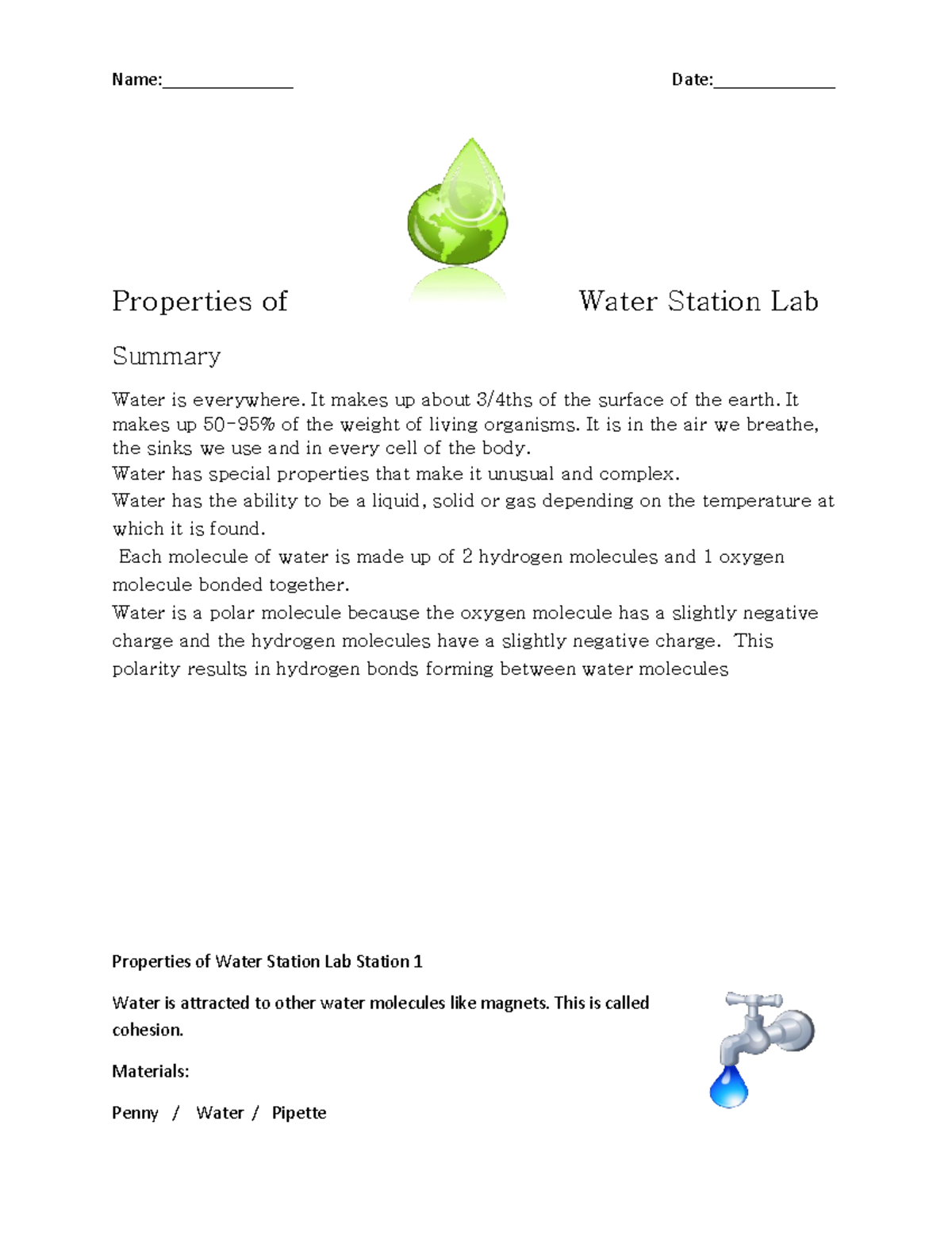 Properties of Water Station Lab - Name:______________ Date ...