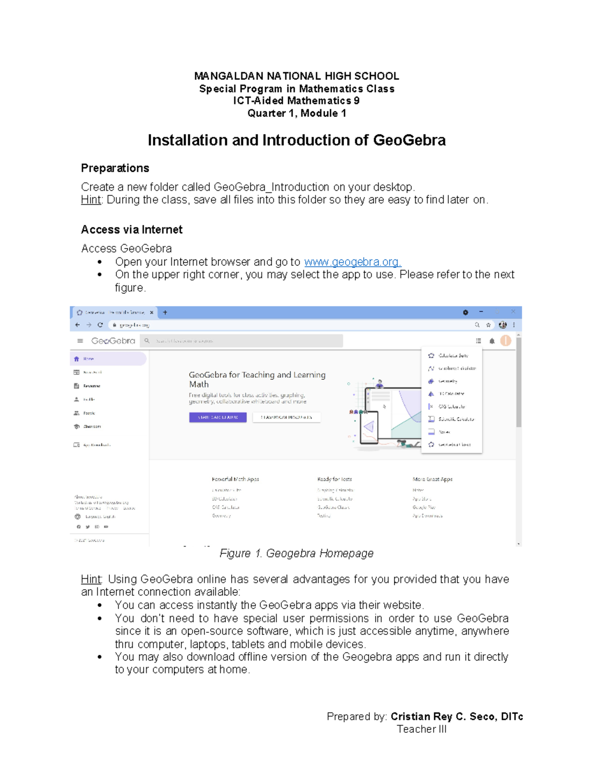 Geo-M1 - MANGALDAN NATIONAL HIGH SCHOOL Special Program in Mathematics Class ICT-Aided ...