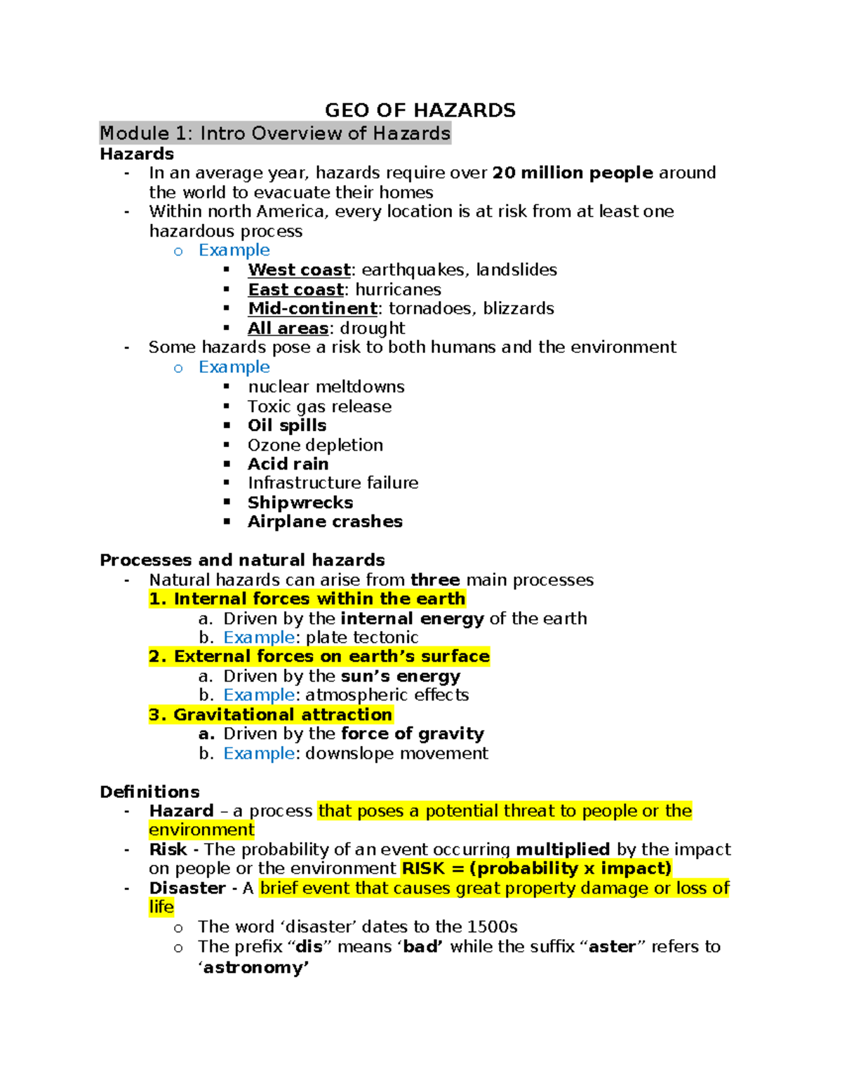 GEO Notes - GEO OF HAZARDS Module 1: Intro Overview of Hazards Hazards ...