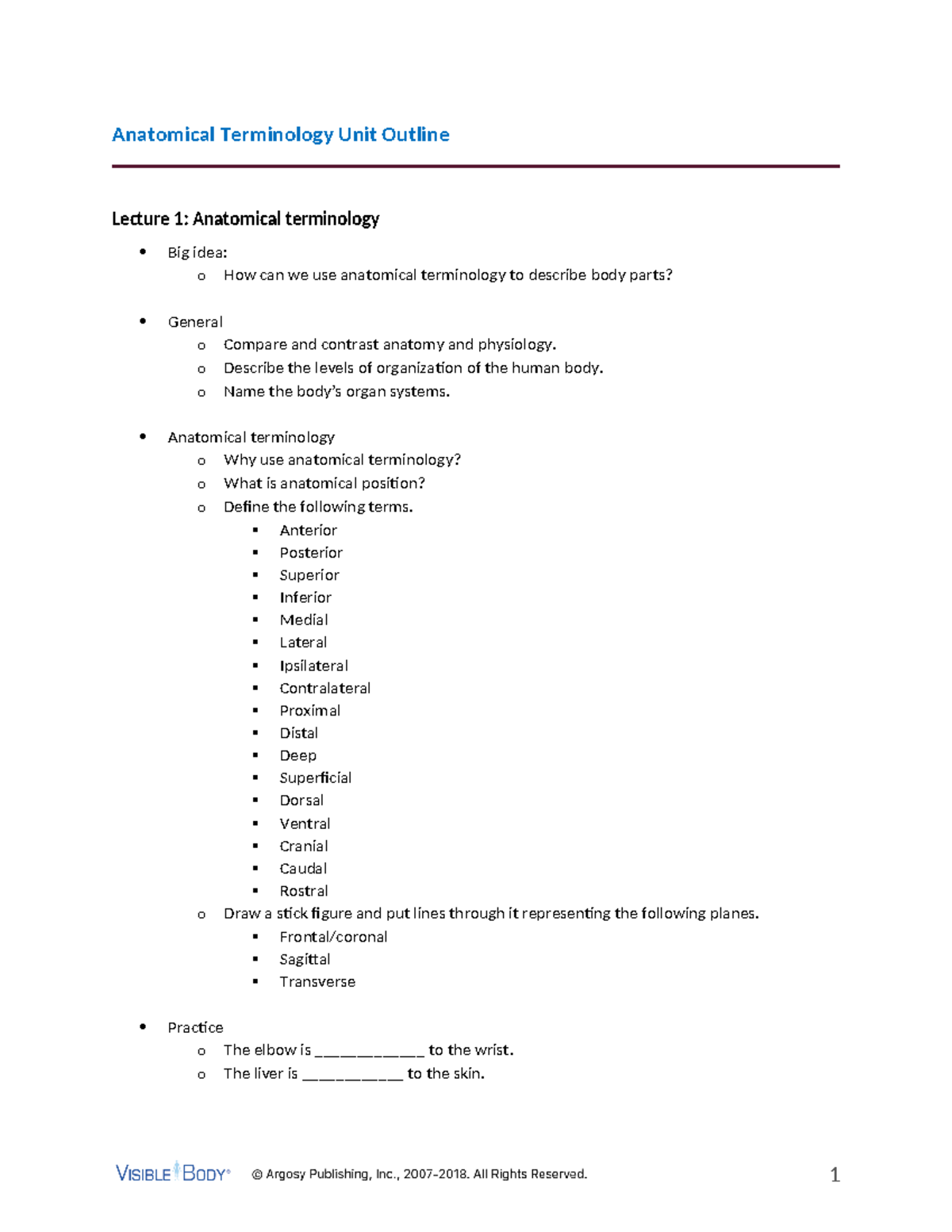 Anatomical terminology unit outline - Anatomical Terminology Unit ...