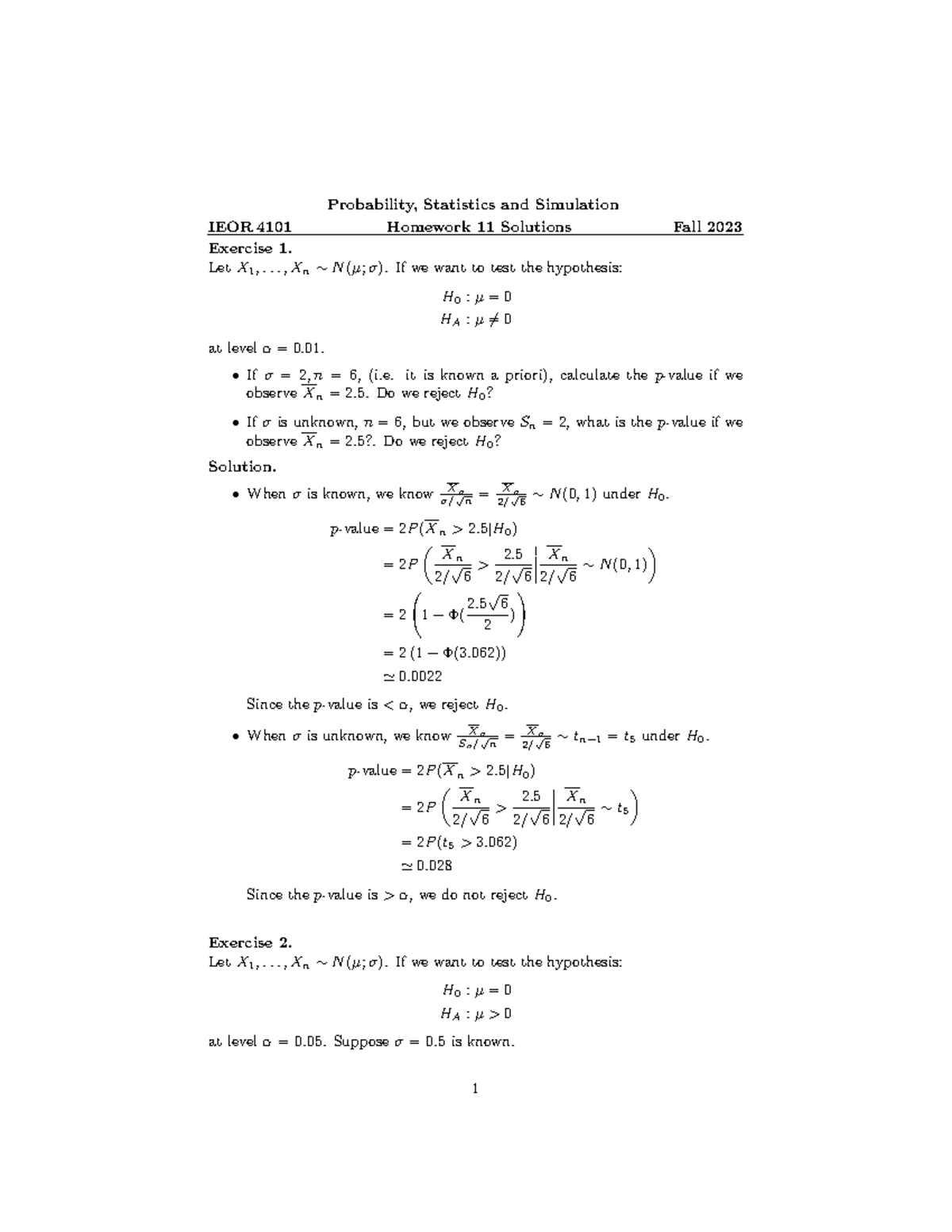 Hw11 solutions - Probability, Statistics and Simulation IEOR 4101 Homework 11 Solutions Fall ...