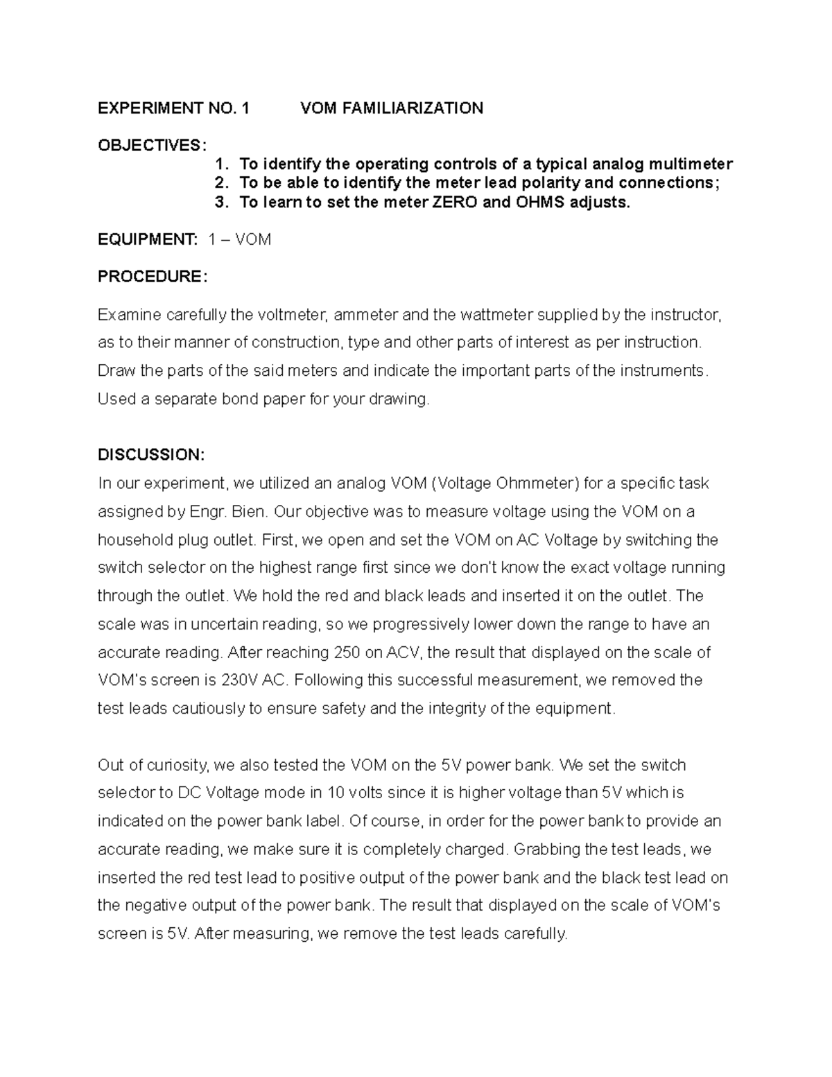 VOM Familiarization - EXPERIMENT NO. 1 VOM FAMILIARIZATION OBJECTIVES: To identify the operating ...