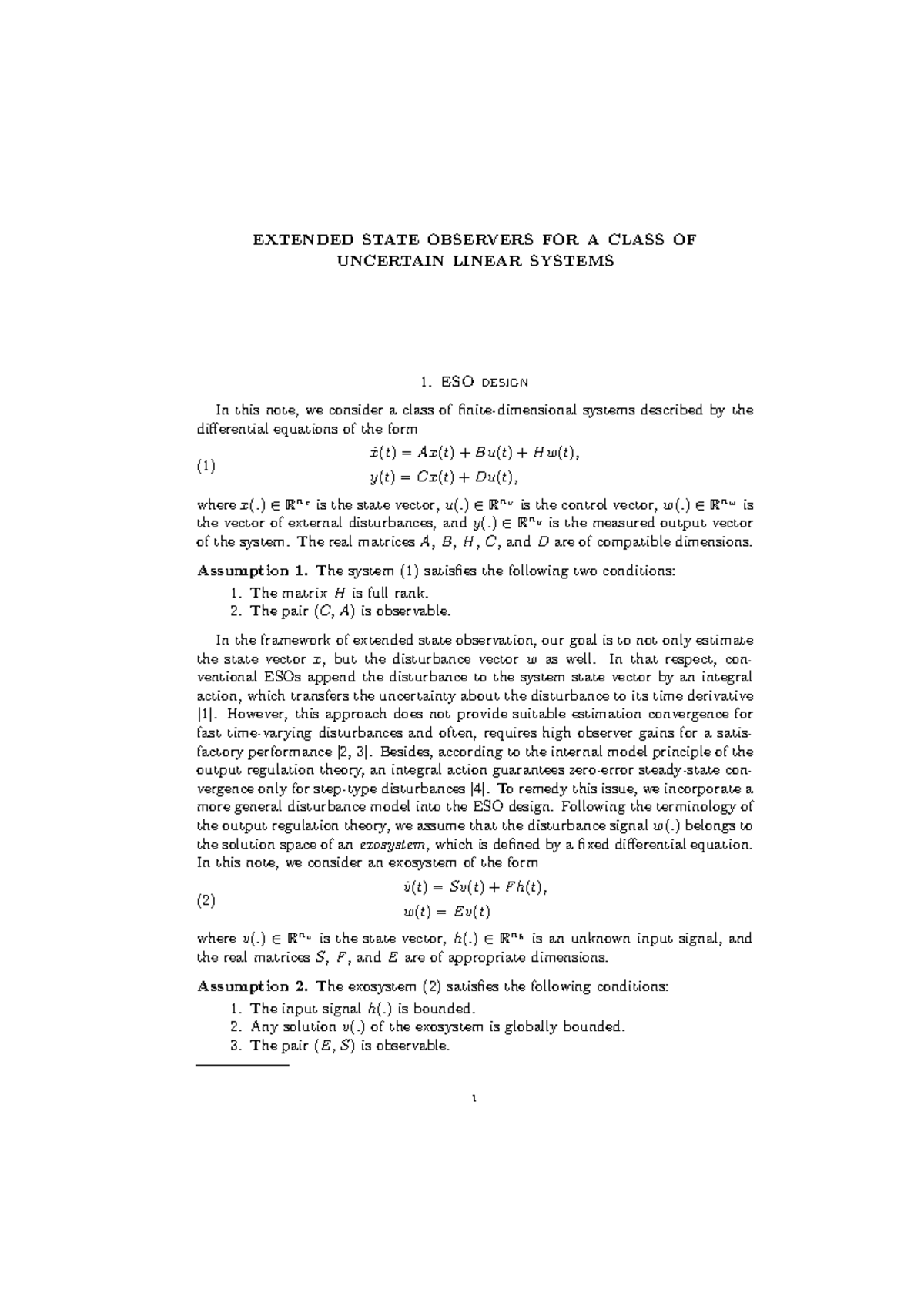 Eso Design Extended State Observers For A Class Of Uncertain Linear