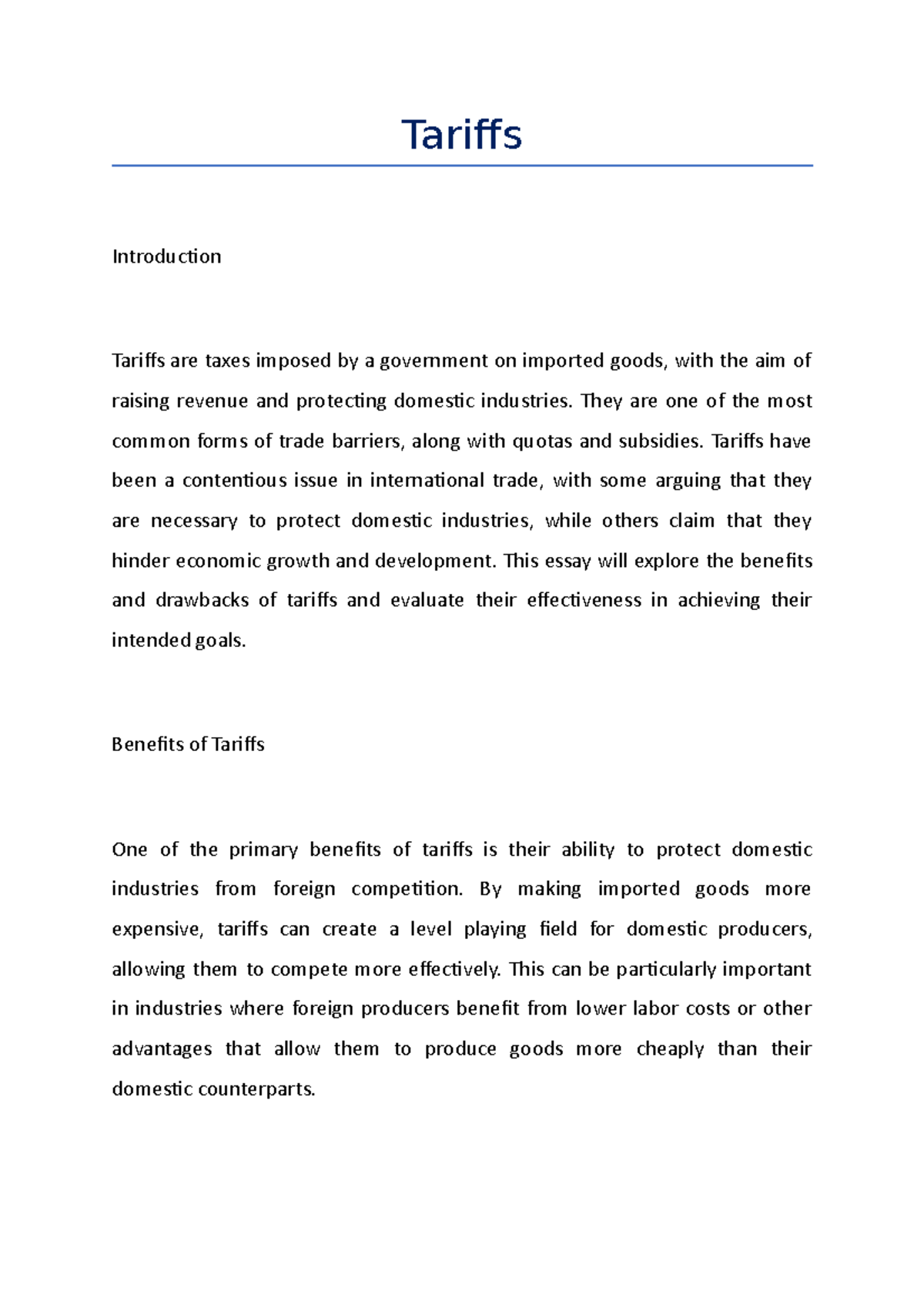 Brief note on Tariffs - Tariffs Introduction Tariffs are taxes imposed ...