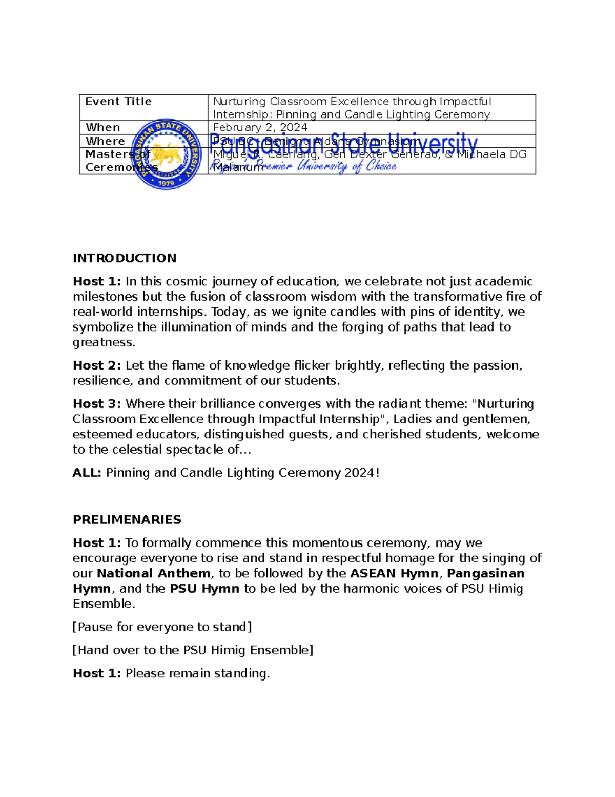 Final Script Pinning AND Candle Lighting Ceremony - Event Title ...