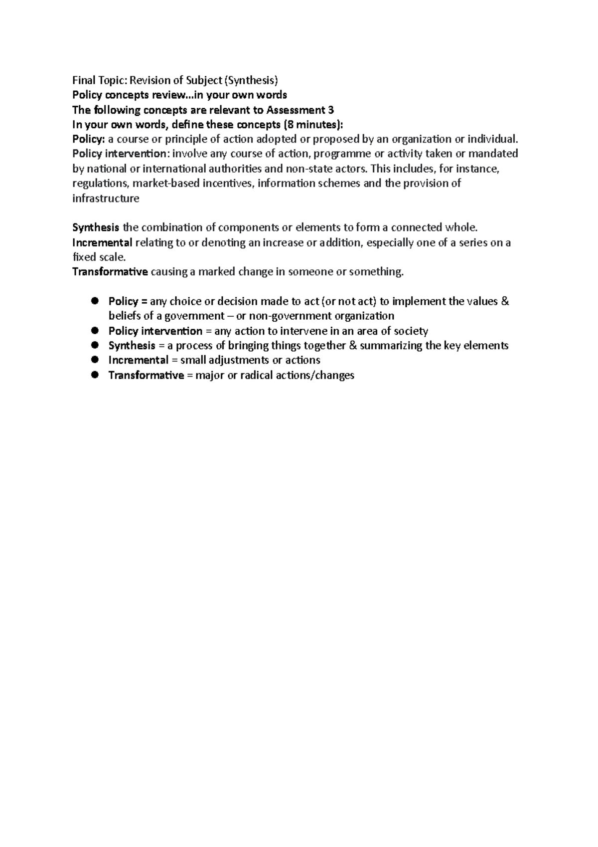 Final Topic exam revision - Final Topic: Revision of Subject (Synthesis ...