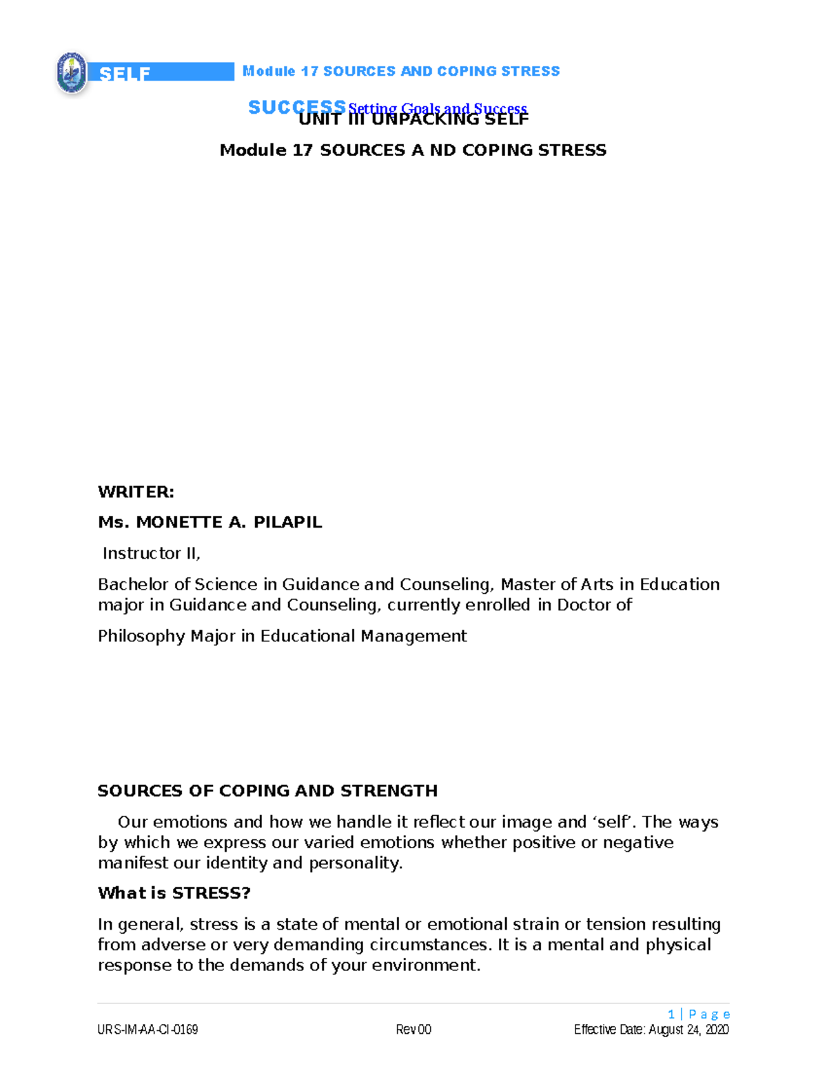 UTS- Module-17 - Module 17 SOURCES AND COPING STRESS SUCCESSSetting ...