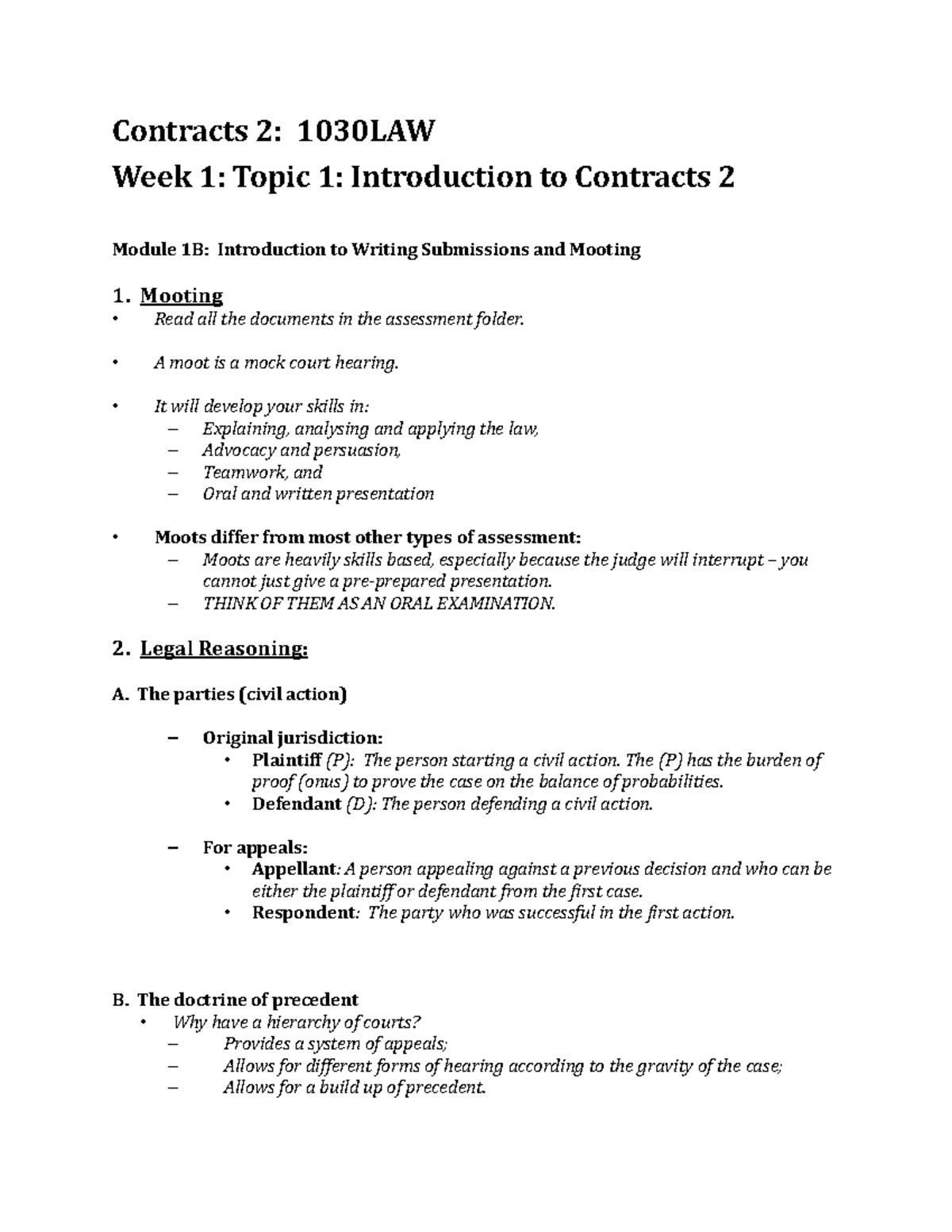 Contracts 2 Notes Contracts 2 1030law Week 1 Topic 1 Introduction To Contracts 2 Module 1b