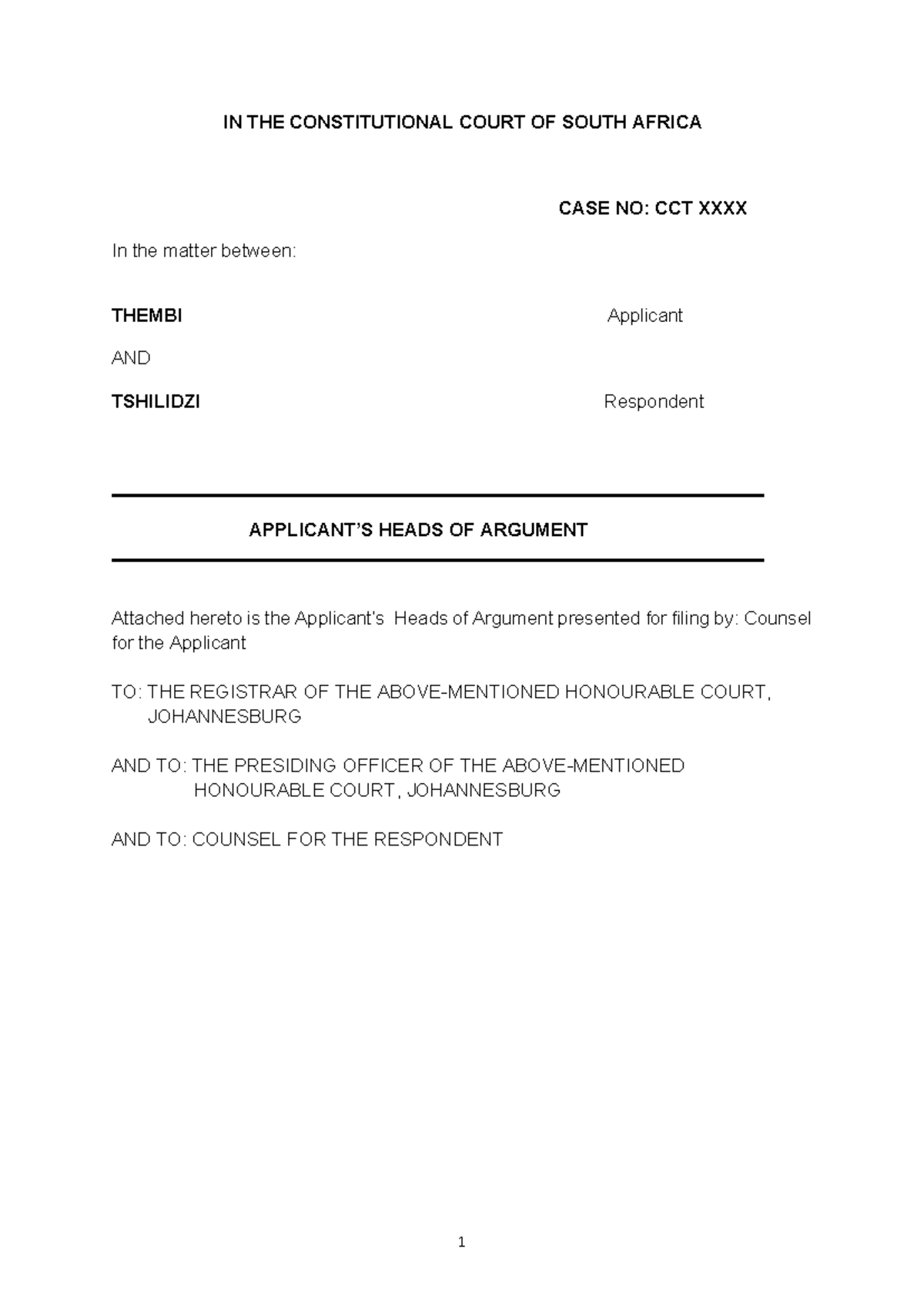 Example Heads of Arguments - IN THE CONSTITUTIONAL COURT OF SOUTH ...