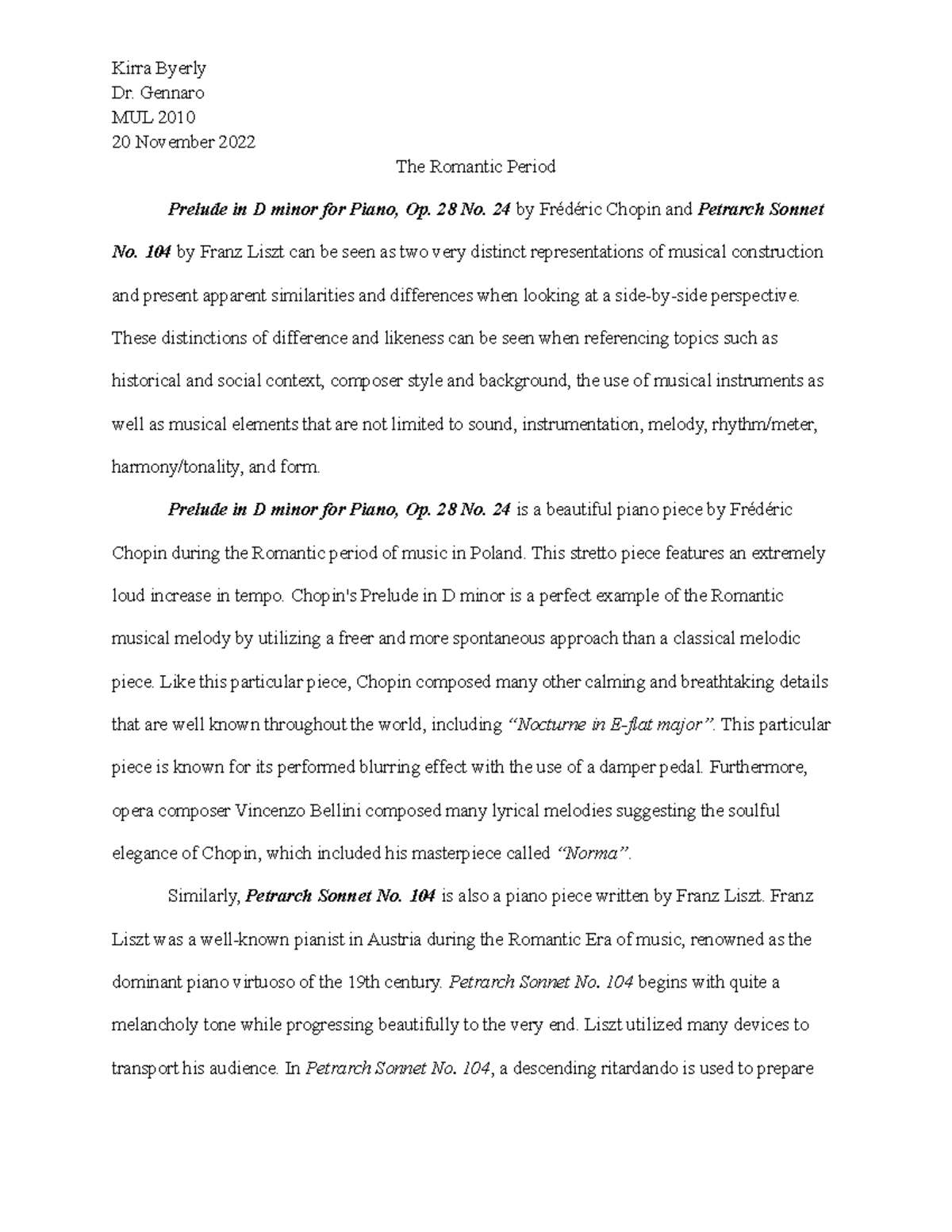 Listening Journal 6- The Romantic Period - Kirra Byerly Dr. Gennaro MUL ...