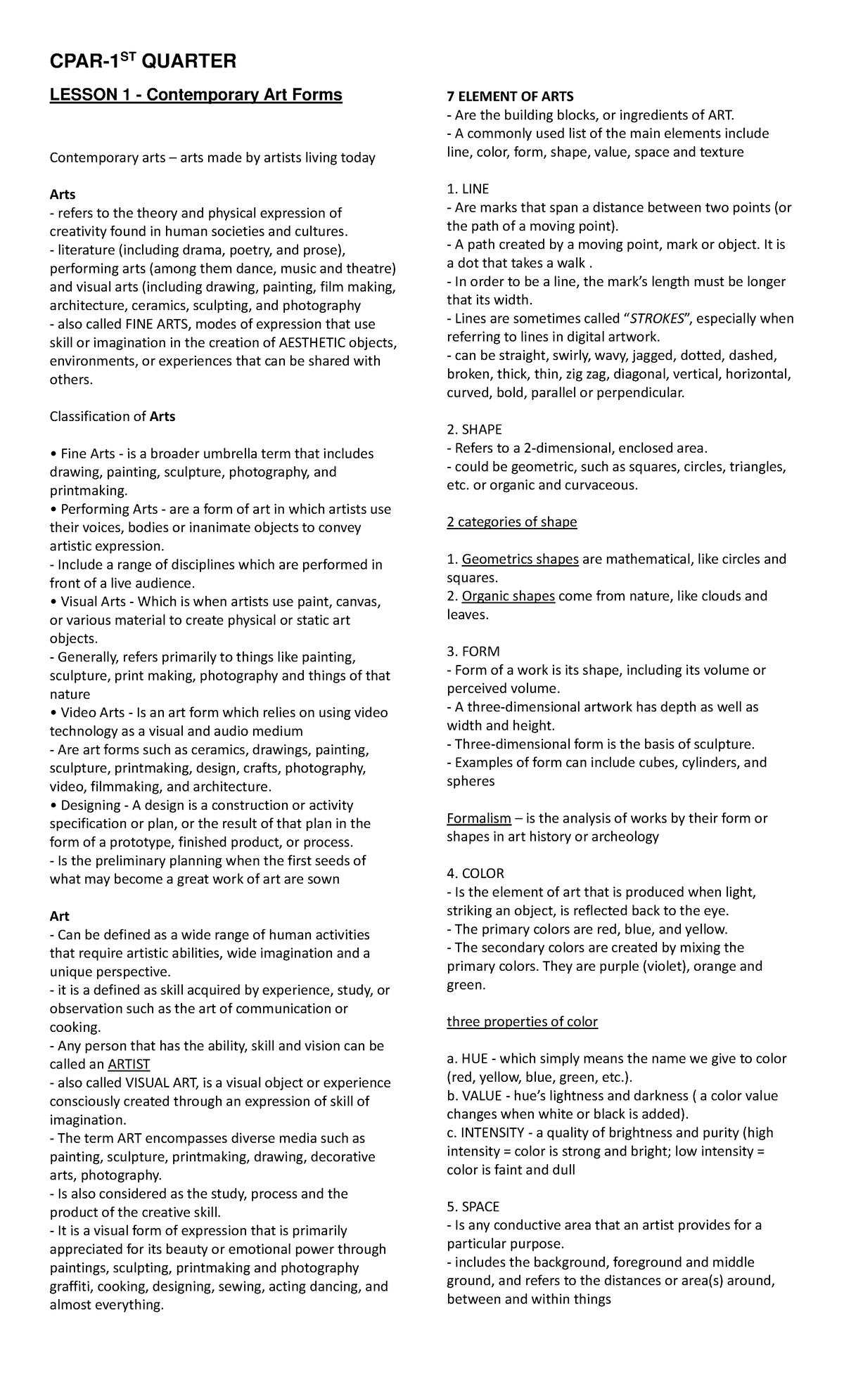 CPAR- Reviewer - CPAR- 1 ST QUARTER LESSON 1 - Contemporary Art Forms ...