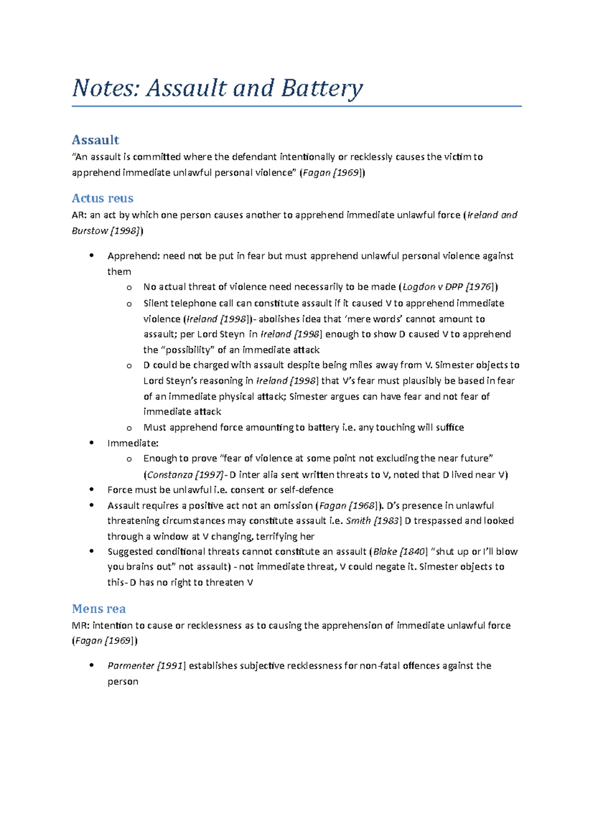 Notes Assault and Battery - Notes: Assault and Battery Assault “An ...