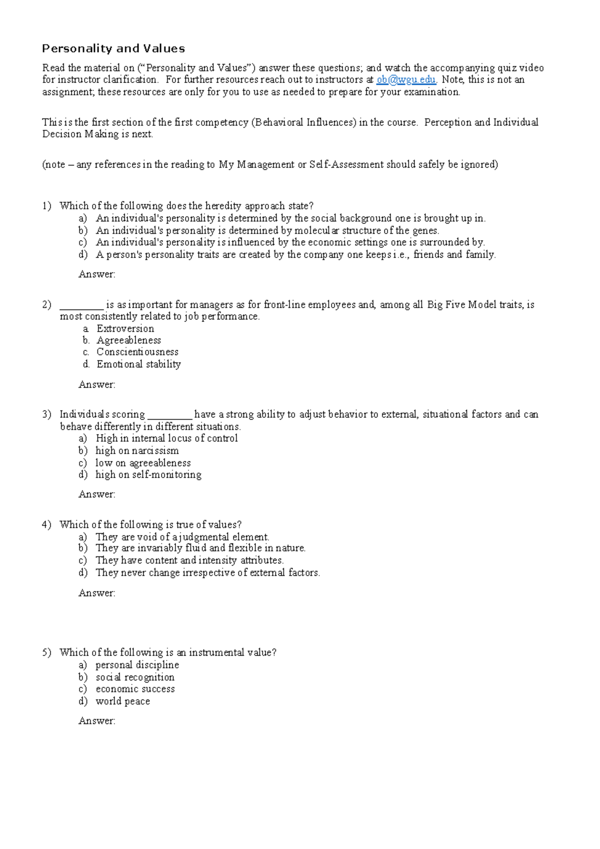 Personality and values - Personality and Values Read the material on
