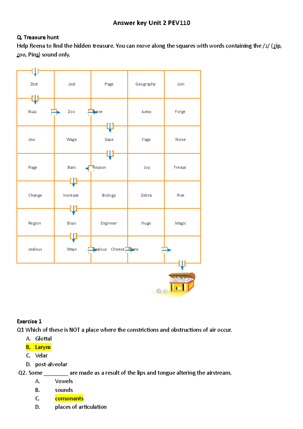 UNIT2PEV110 Answerkey - Answer key Unit 2 PEV Q. Treasure hunt Help ...