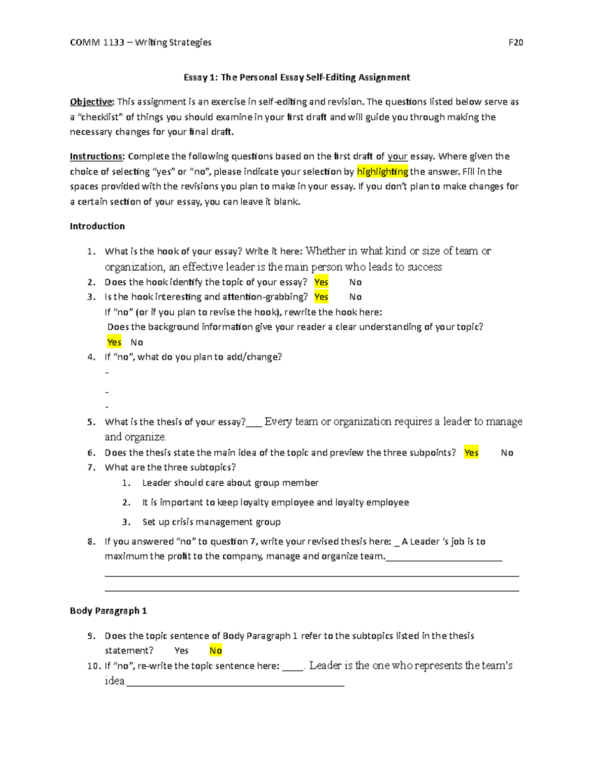 Self-Edit Review Assignment - Essay 1: The Personal Essay Self-Editing ...