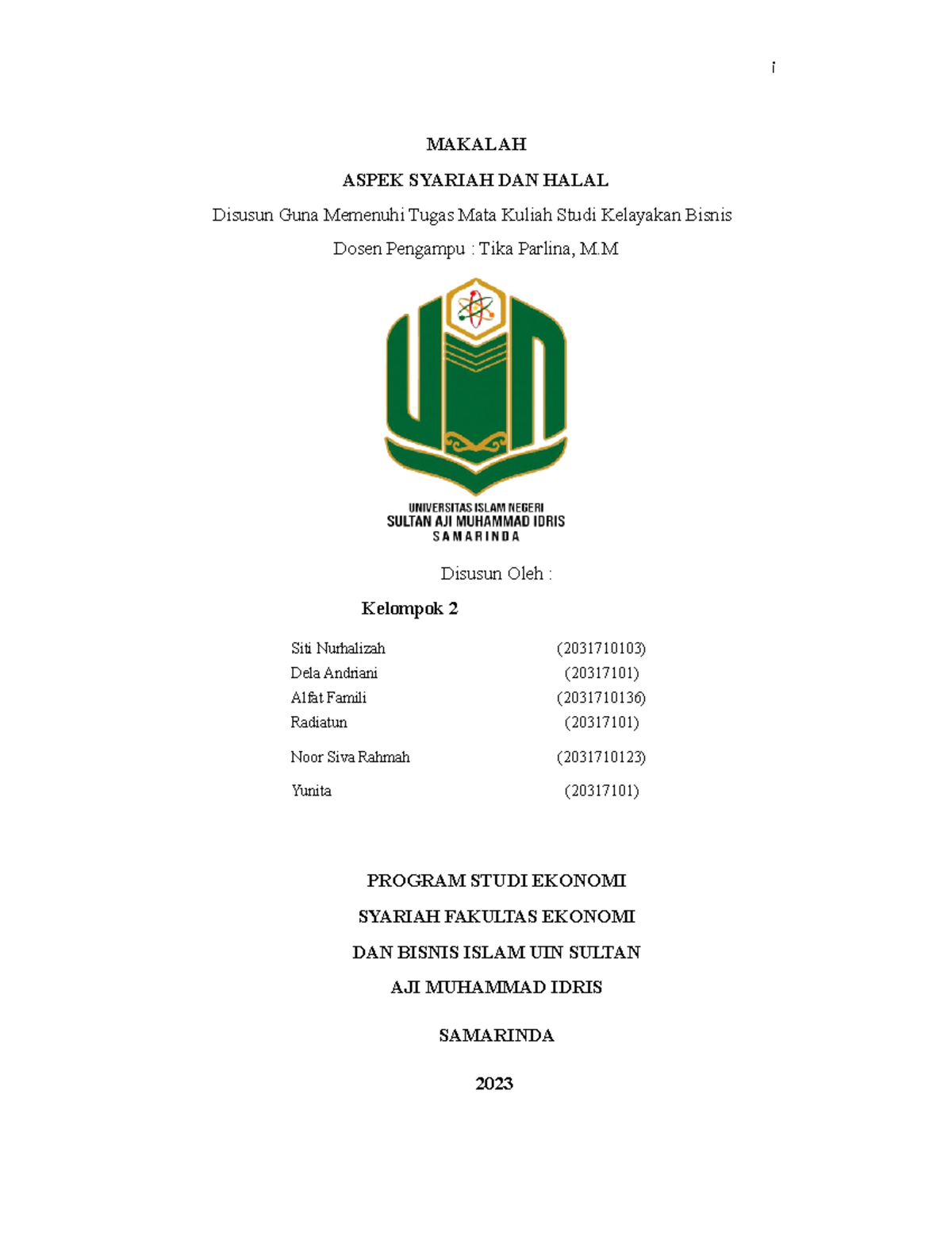 Makalah Kelompok 2 SKB - i MAKALAH ASPEK SYARIAH DAN HALAL Disusun Guna ...