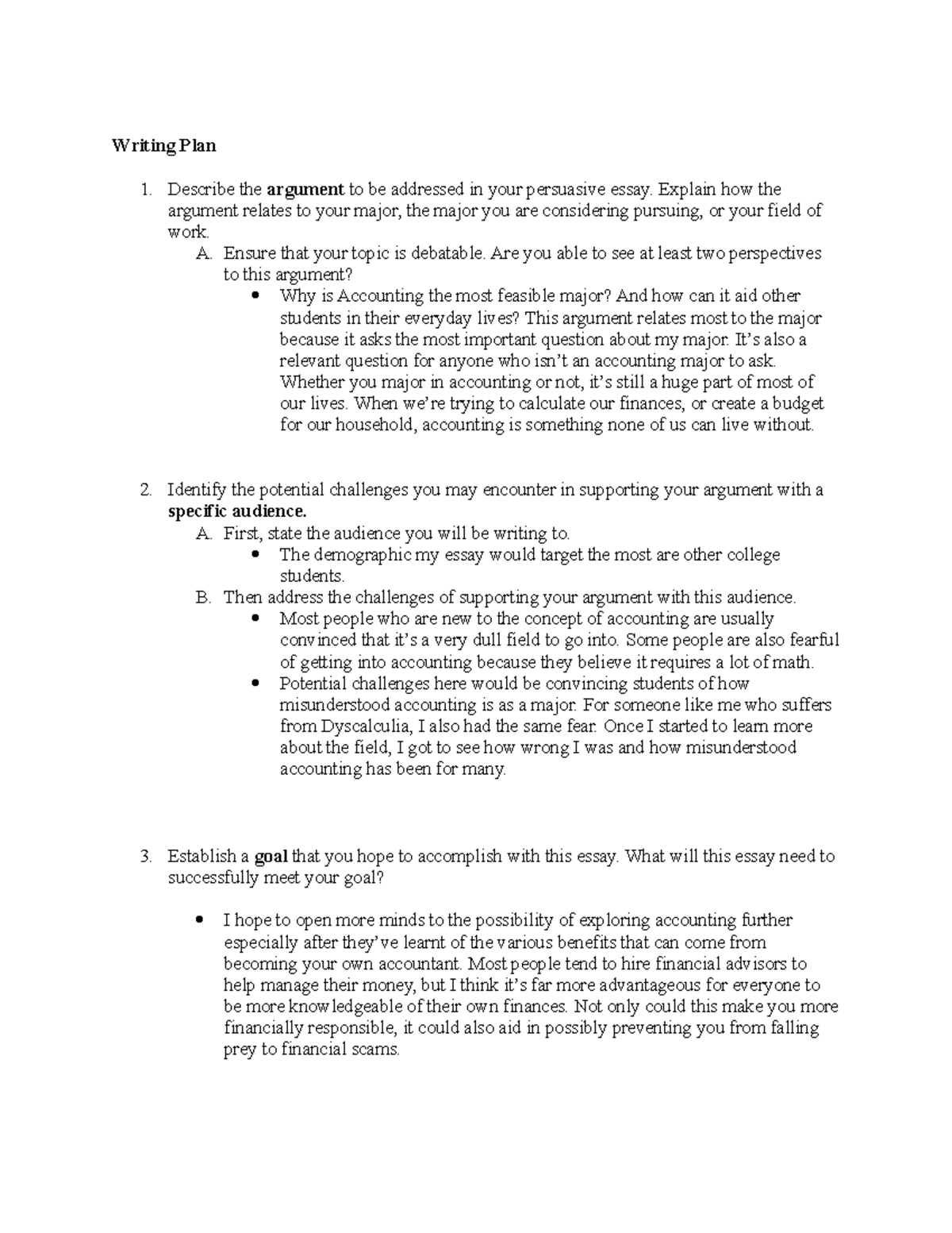 3-6 Project One - Writing Plan - Writing Plan 1. Describe the argument ...