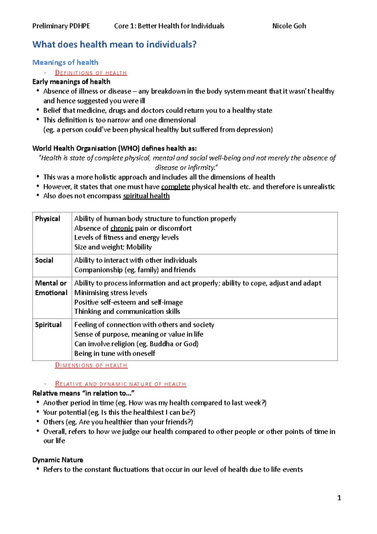 Core 1 – Better Health for Individuals - What does health mean to ...