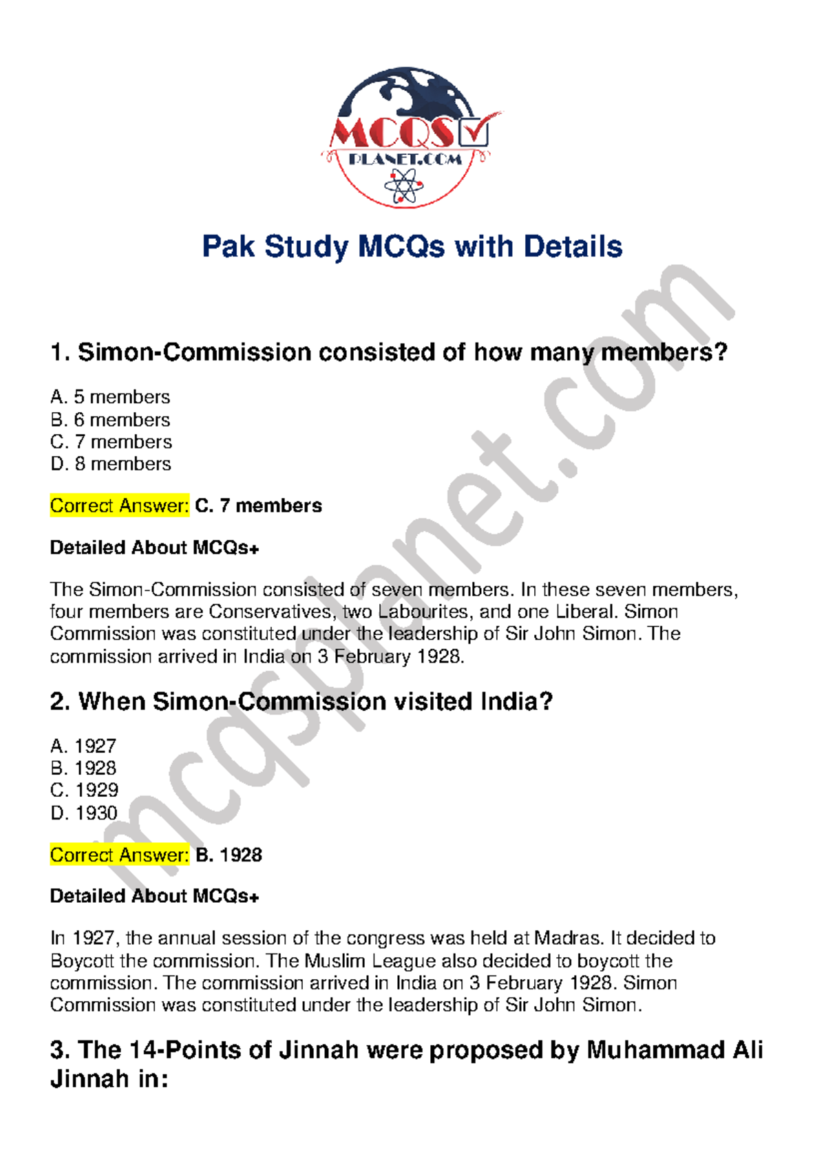 Pak Study MCQs with Details in PDF - Pak Study MCQs with Details 1. Simon-Commission consisted ...