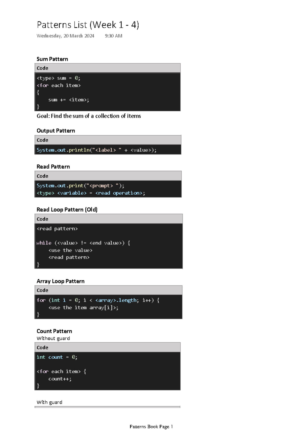 Patterns List (Week 1 - 4) - Sum Pattern Code sum = 0 ; { sum += - Studocu