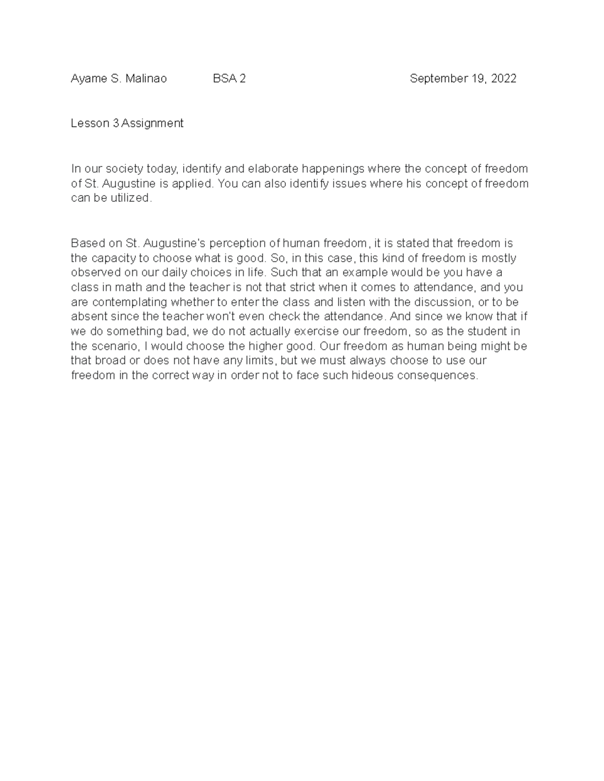 Malinao, Ayame BSA 2 Lesson 3 Assignment - Ayame S. Malinao BSA 2 ...