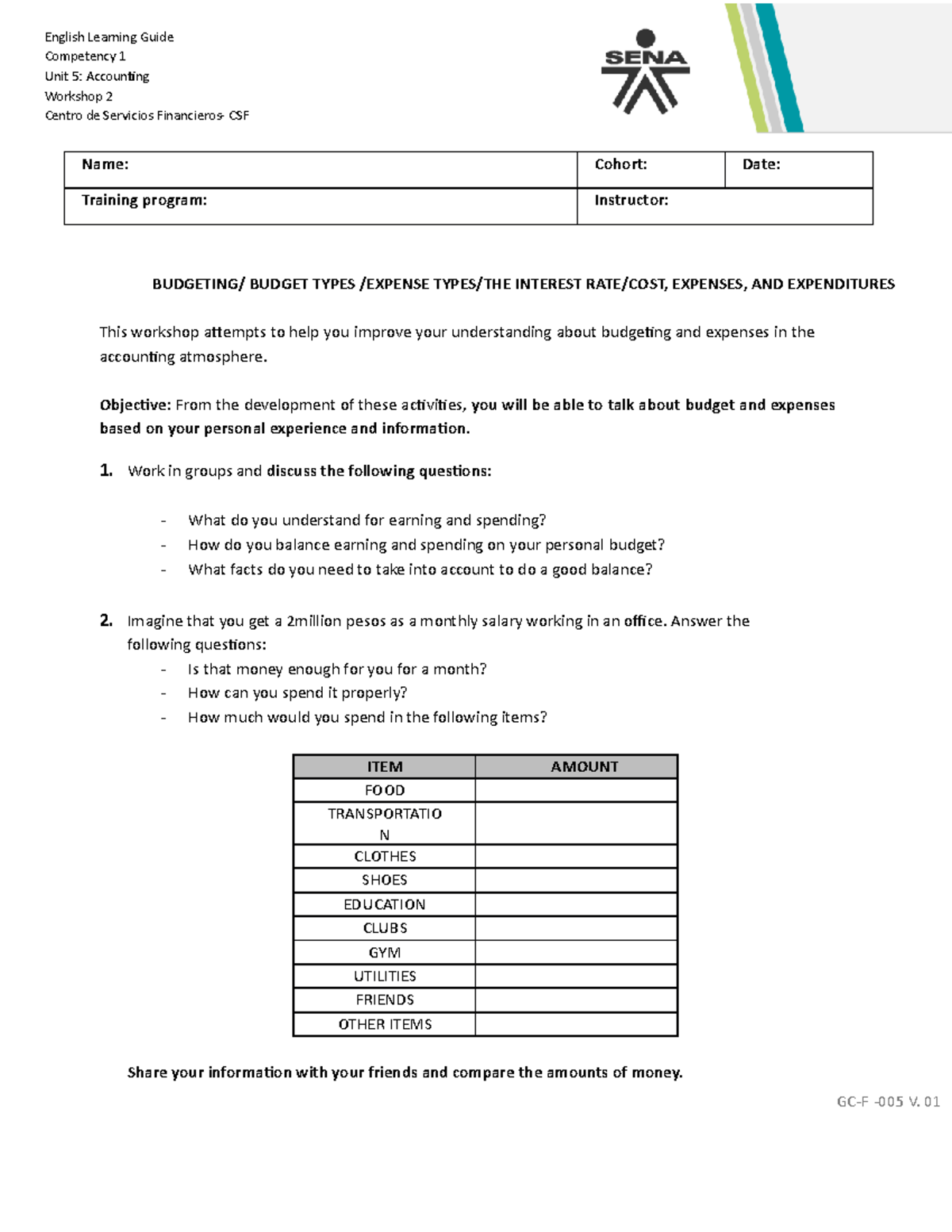 Workshop Budget B Accounting - English Learning Guide Competency 1 Unit ...