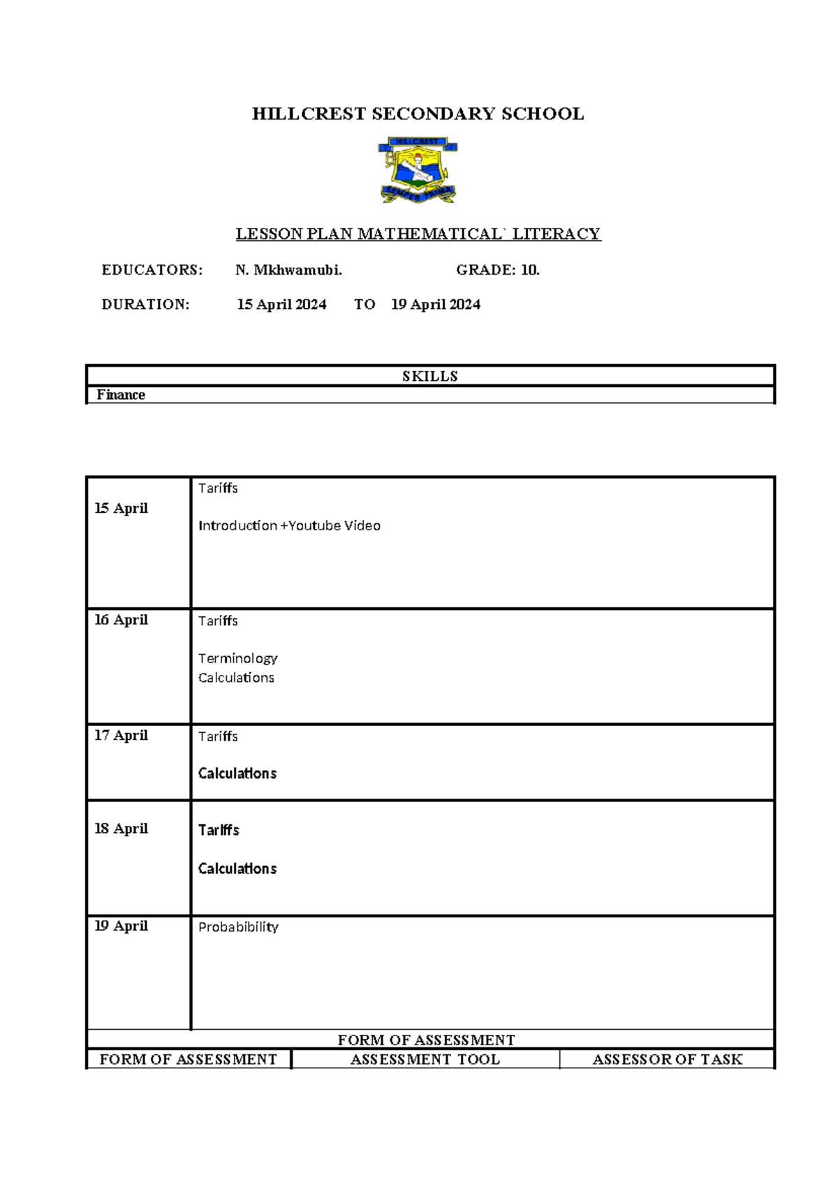 Grade 10 Lesson Plan T2 week 2 Maths Lit - HILLCREST SECONDARY SCHOOL LESSON PLAN MATHEMATICAL ...